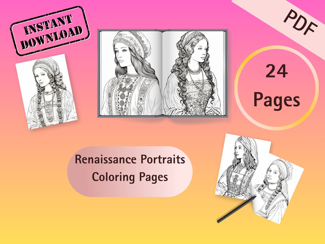 Renaissance Portraits Coloring 24 Page Printable Book Instant Digital ...