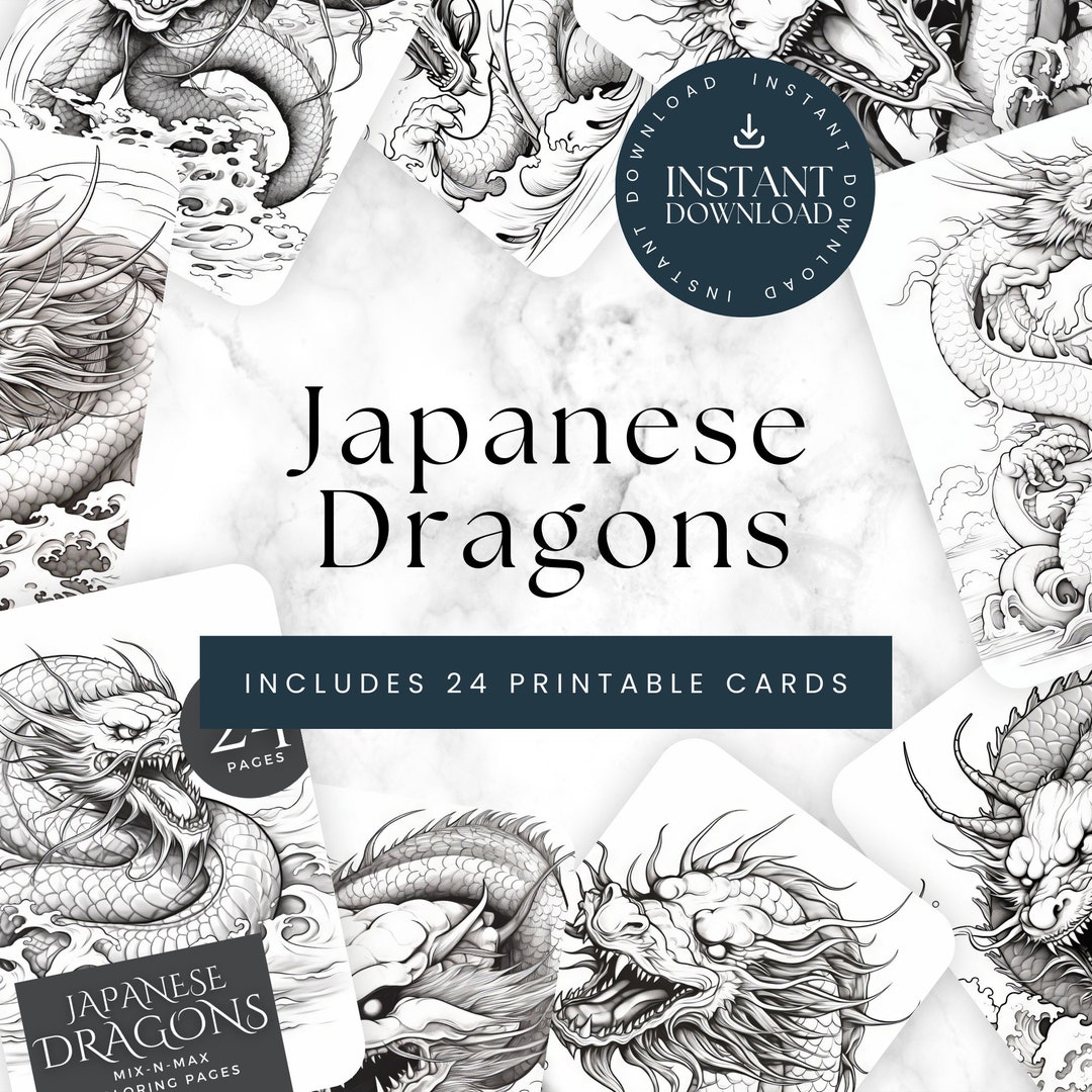 Japanese Dragons Coloring 24 Pages Printable Book Instant Digital ...