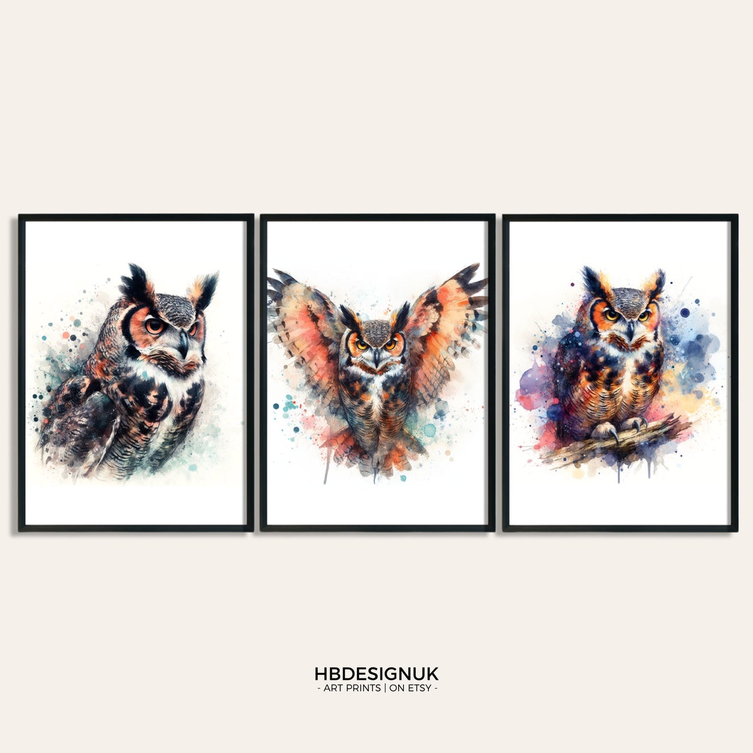 Great Horned Owl Art Print Poster - Set of 3 Posters | Watercolor ...