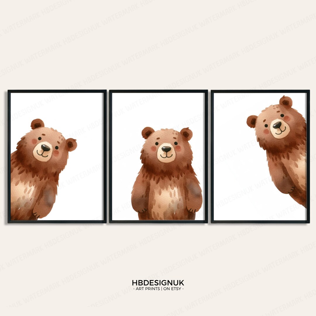 Peekaboo Brown Bear Prints - Set of 3 Nursery Posters | Animal Playroom ...