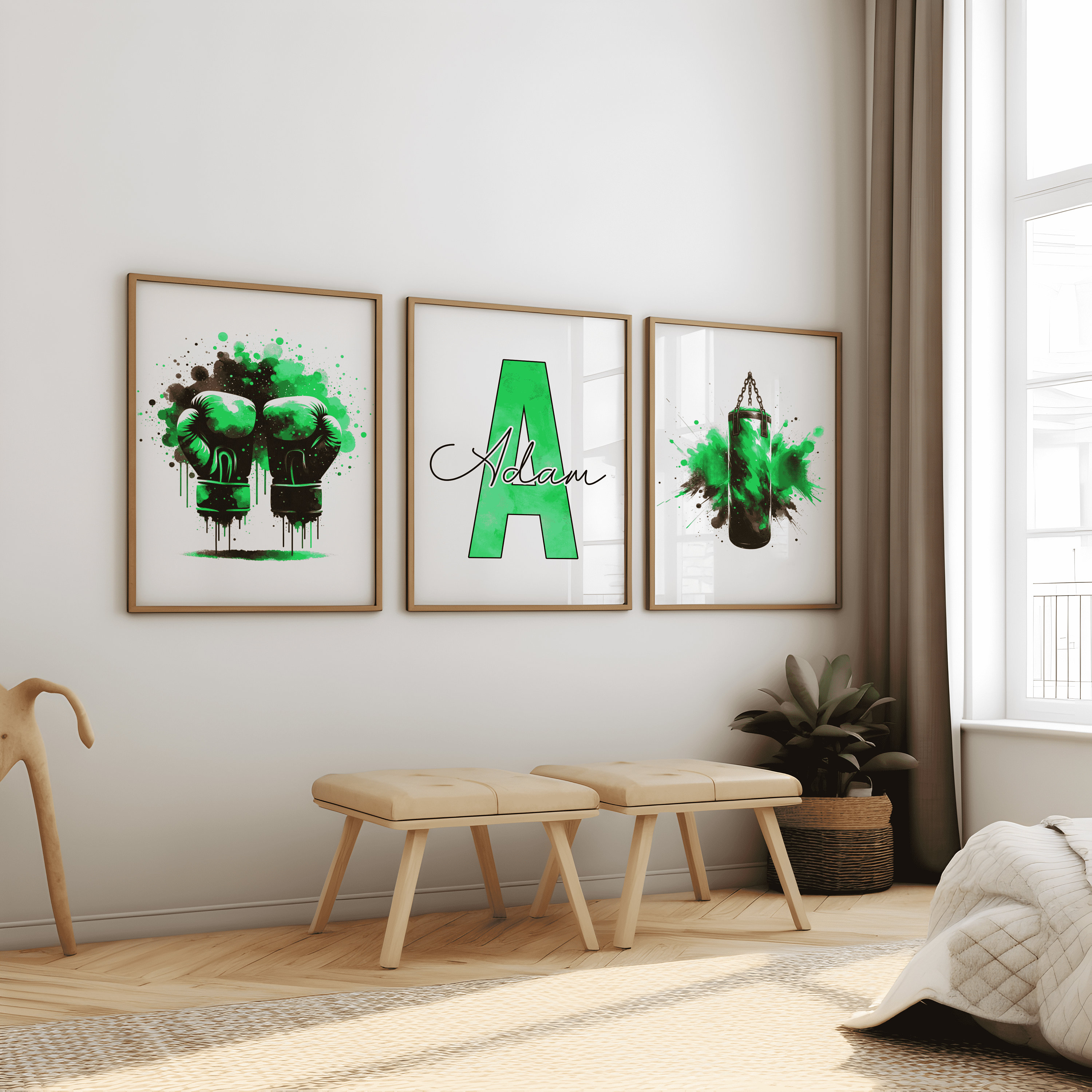 Custom Boxing Decor Set of 3 Green Prints Boys Girls Bedroom Wall Art ...