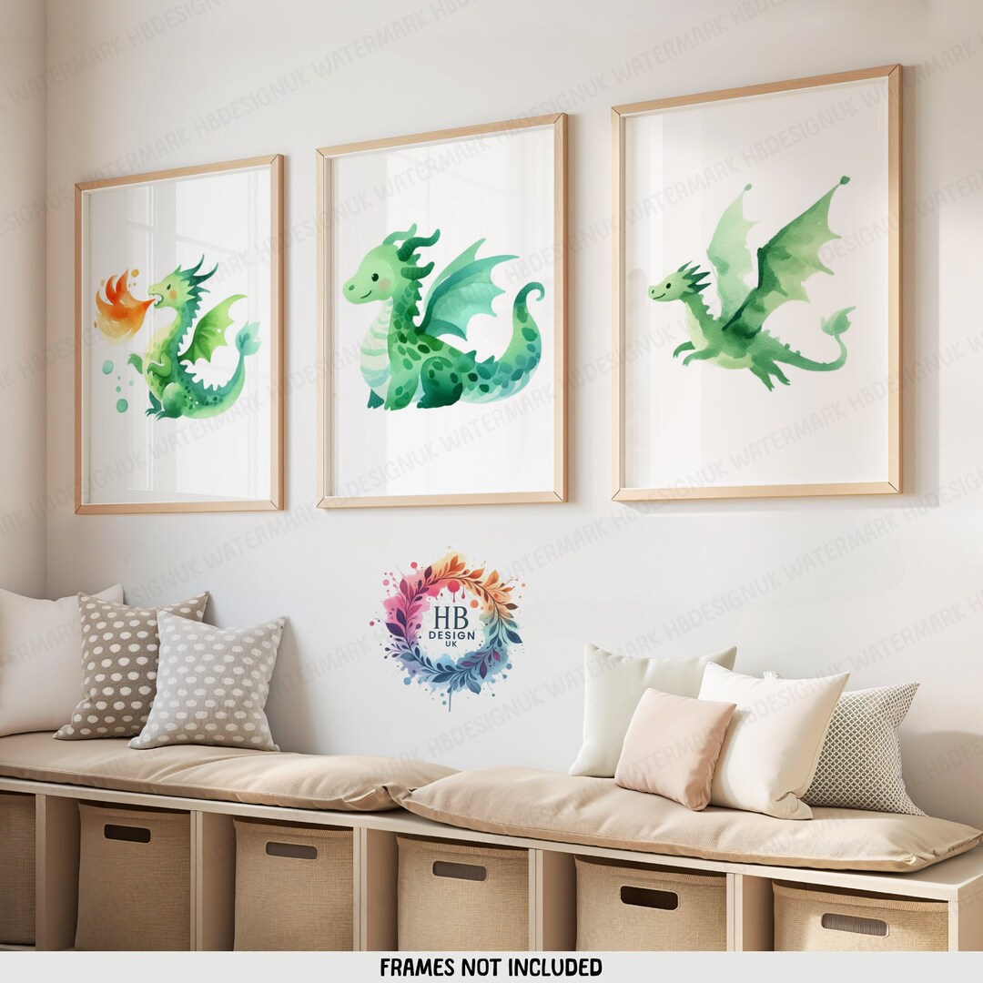Green Dragon Nursery Posters - Set of 3 Prints | Boys and Girls Bedroom ...