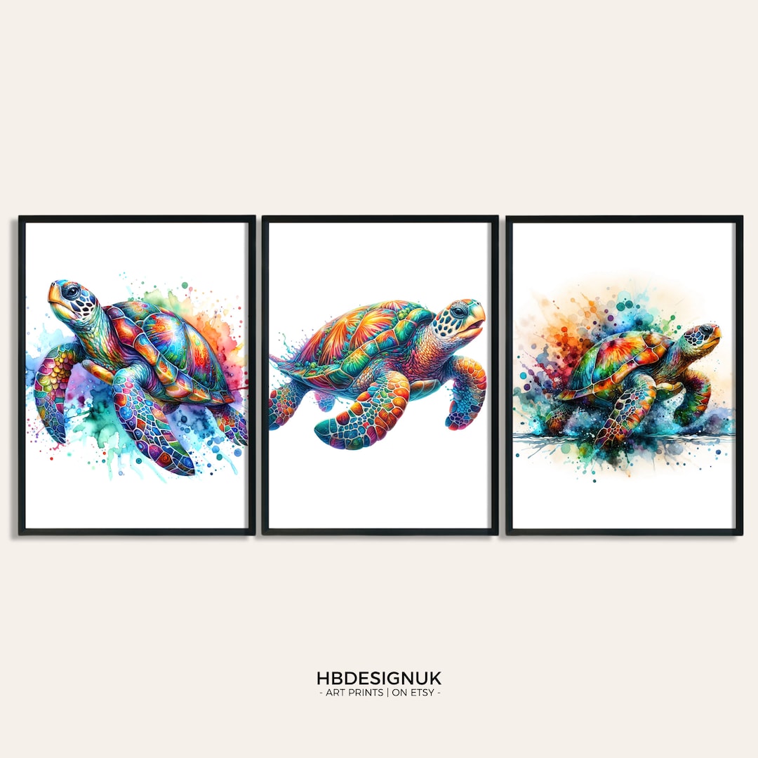 Sea Turtle Print Set - Set of 3 Posters | Colourful Watercolour Turtle ...