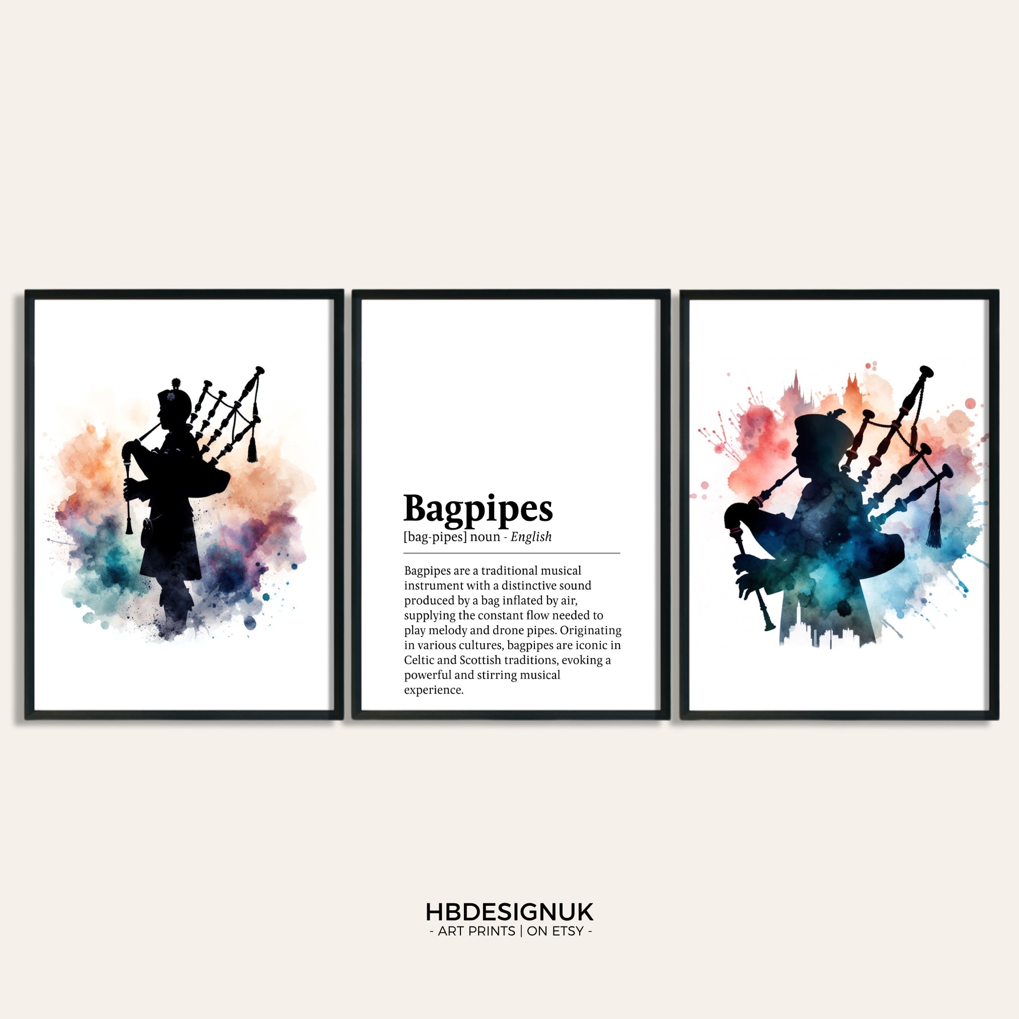Bagpipe Watercolour Art Print - Set of 3 Music Artwork | Music ...