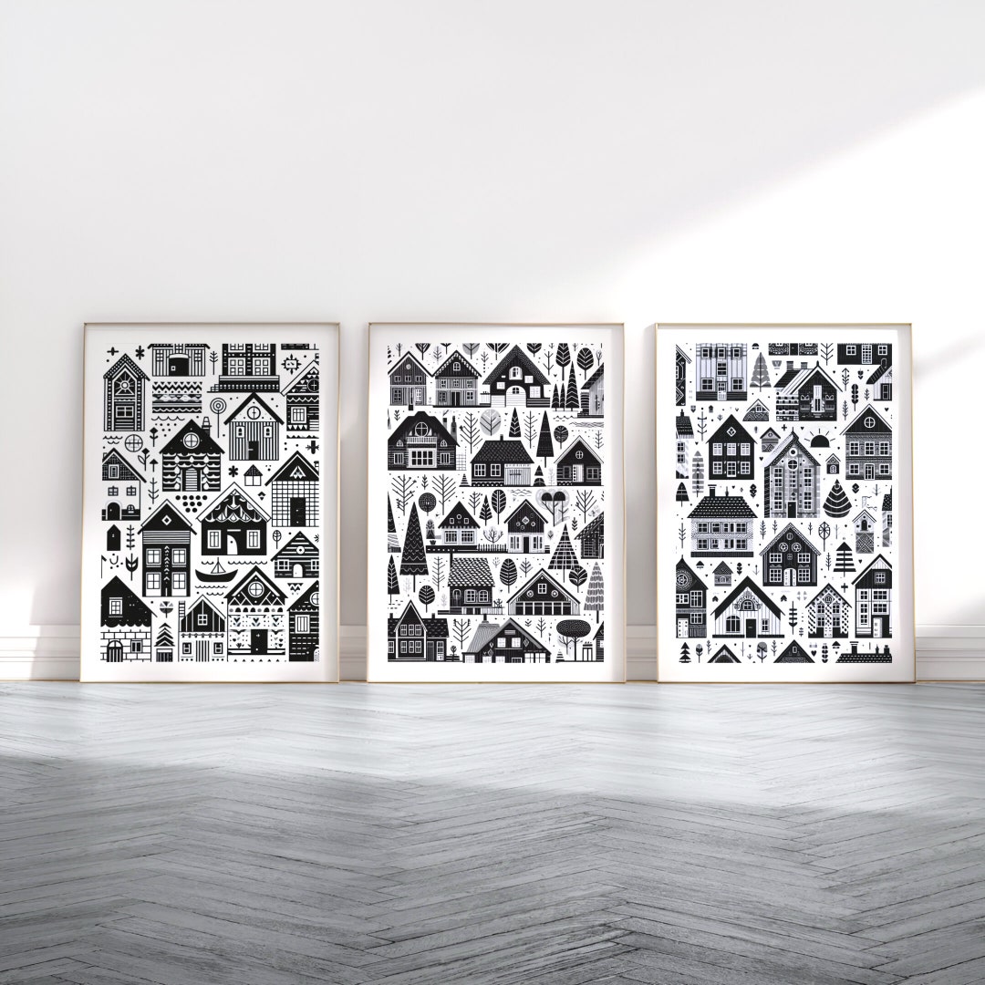 Scandi Houses Artwork Set - 3 Scandinavian Style Posters | Retro Art ...