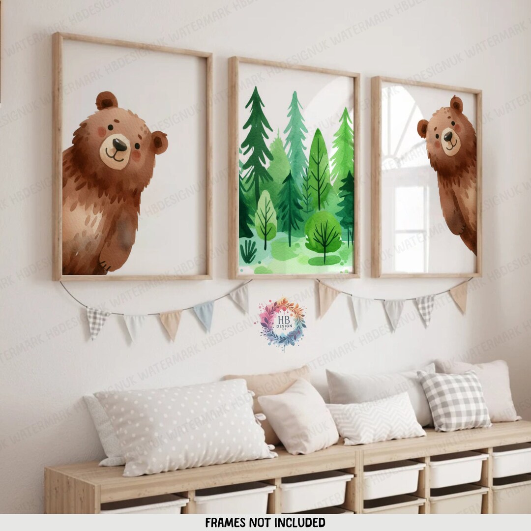 Peeking Brown Bear Prints - Set of 3 Nursery Posters | Animal Playroom ...