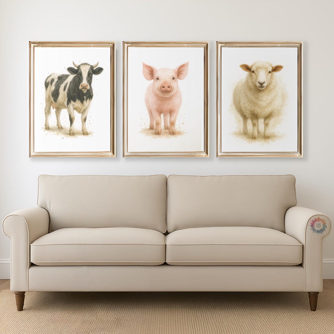 Farm Animal Prints - Sheep, Pig, Cow Wall Art Set, Watercolor Decor, UK ...