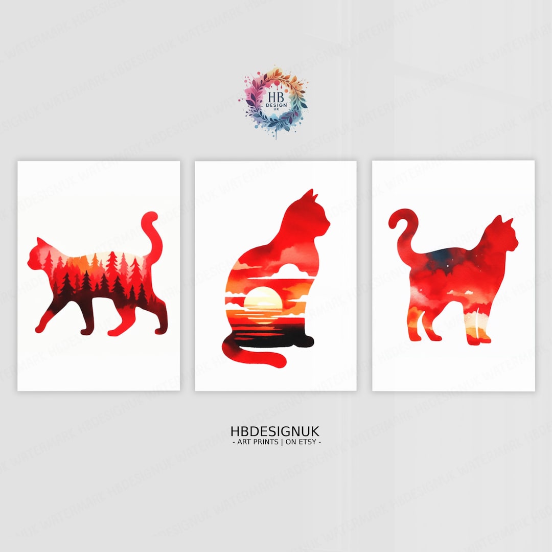 Red Cat Prints - Set of 3 Abstract Posters | Watercolour Artwork | Cats ...