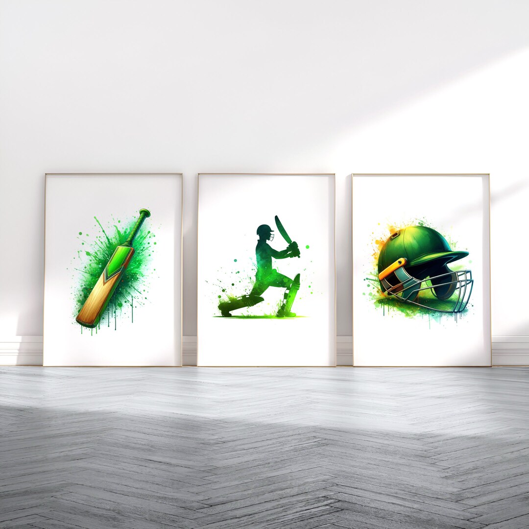Cricket Poster Set - 3 Cricket Prints | Green Watercolour Cricket Wall ...