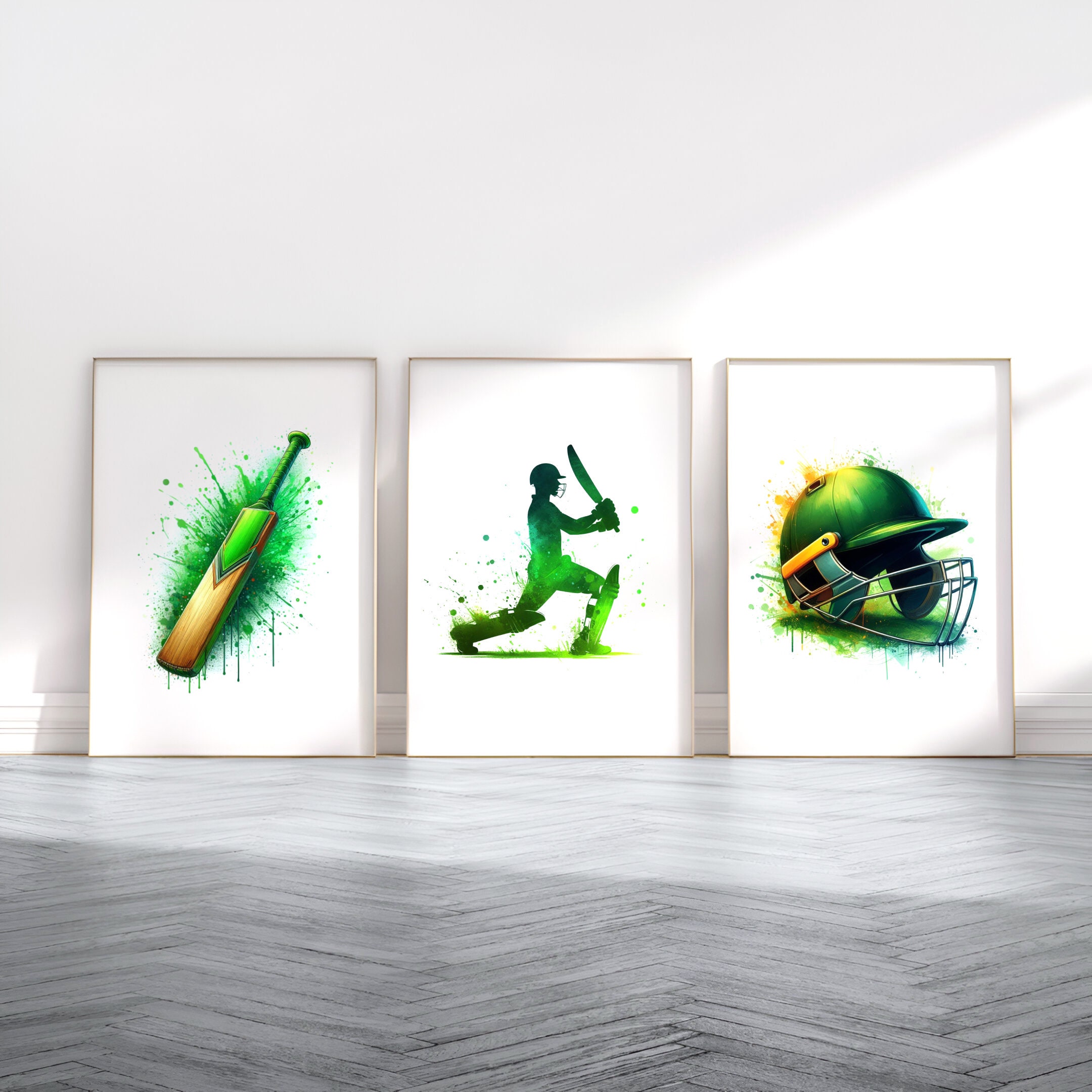 Cricket Poster Set - 3 Cricket Prints | Green Watercolour Cricket Wall ...
