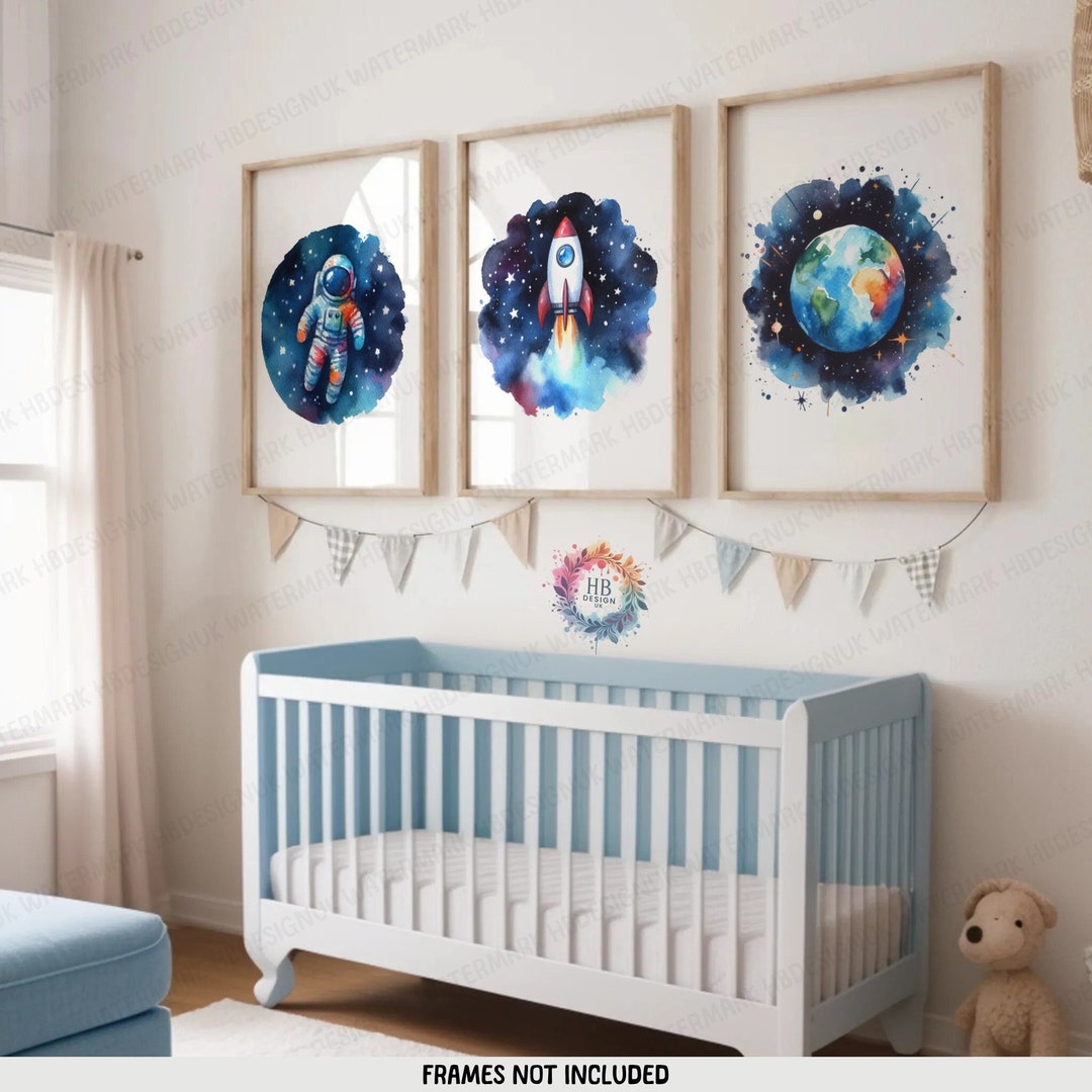 Kids Nursery Space Decor - Set of 3 Watercolour Prints | Boys Bedroom ...