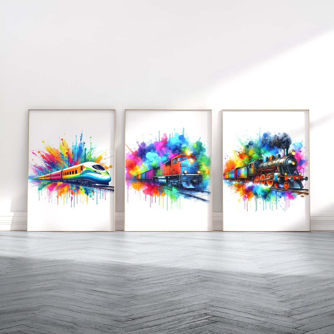 Colourful Train Print Set - 3 Watercolour Posters | Boys Bedroom ...