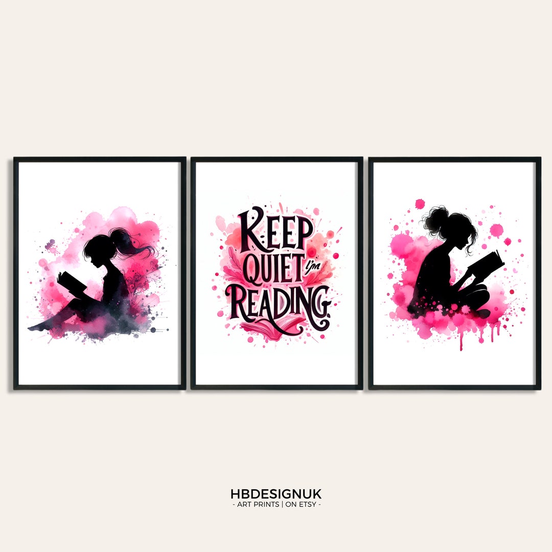 Pink Reading Corner Print Set - Set of 3 Posters | Watercolor Bookworm ...