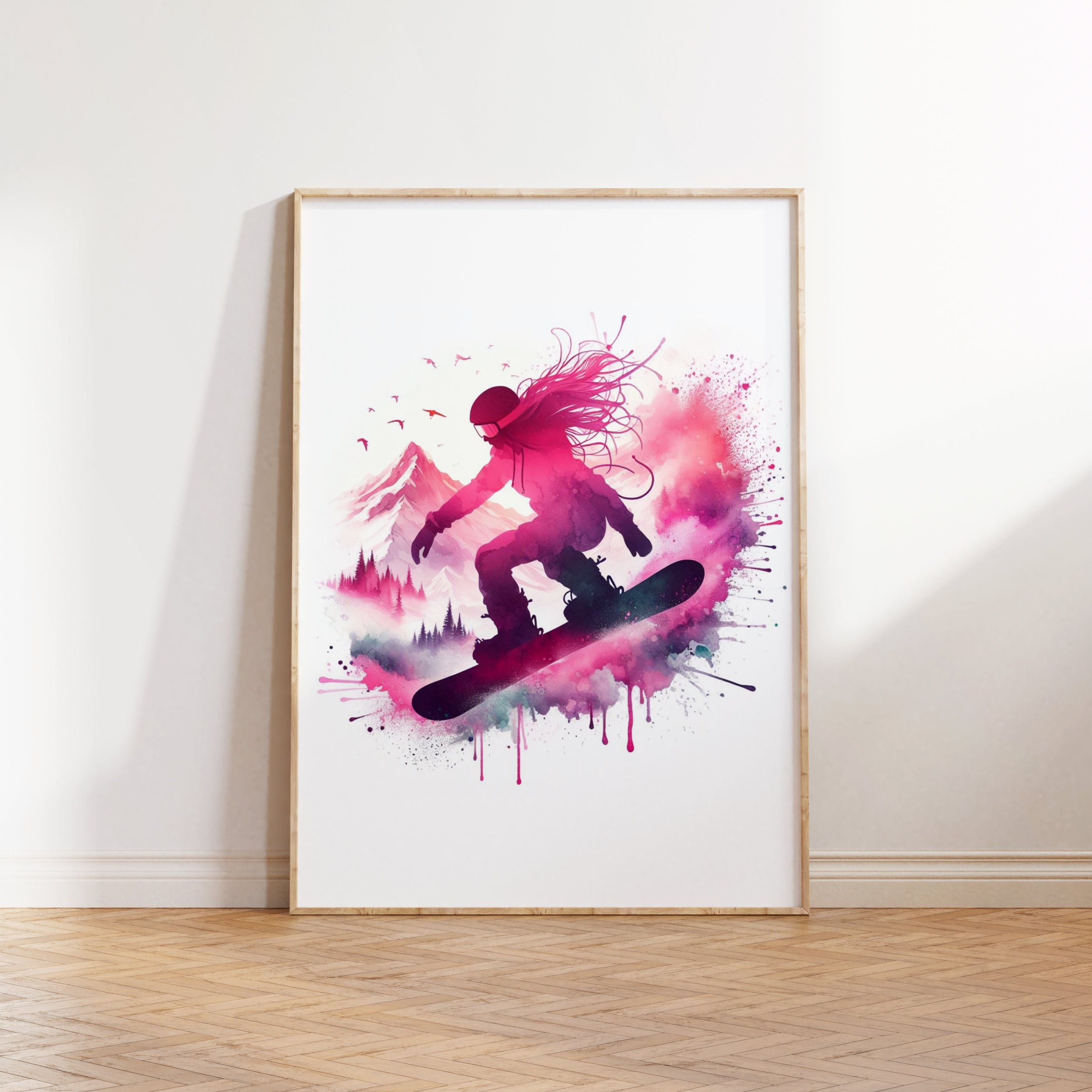 Watercolour Girl Snowboarder Print Pink Set of 3 Snowboard Posters Art ...