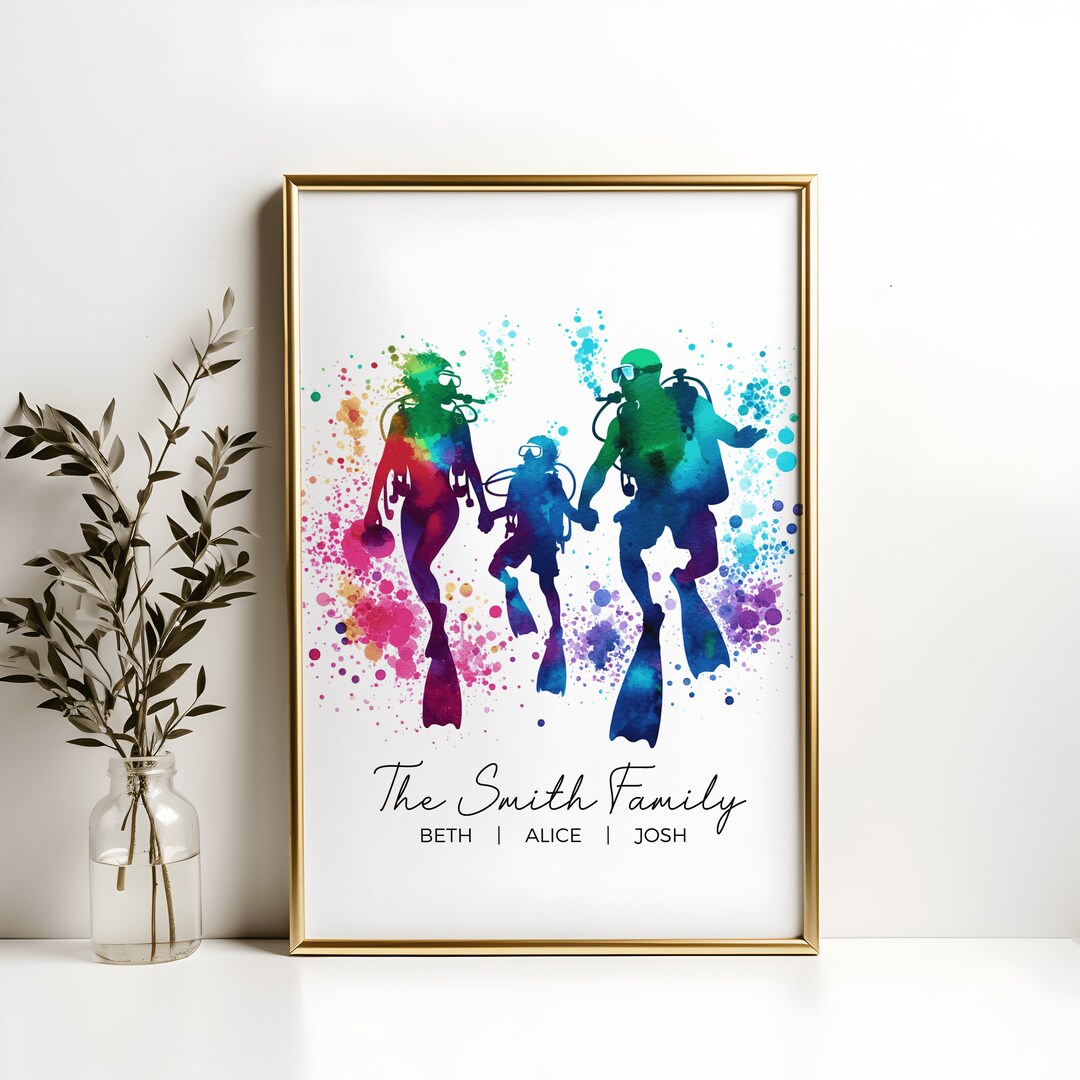 Family Scuba Diving Decor - Personalised Watercolour Poster - Family of ...