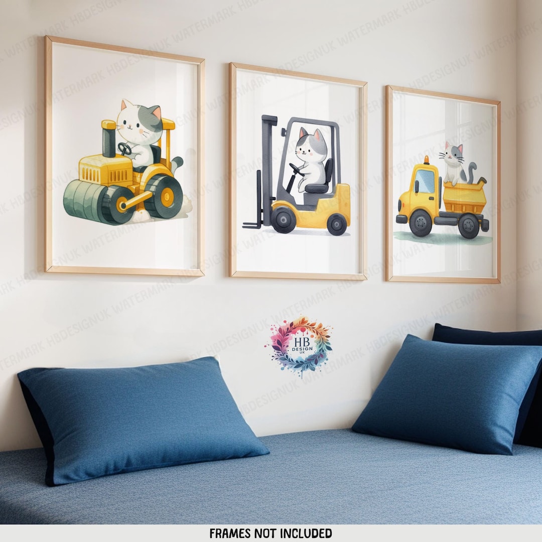 Cat Construction Posters - Set of 3 Kids Prints | Digger Wall Art ...