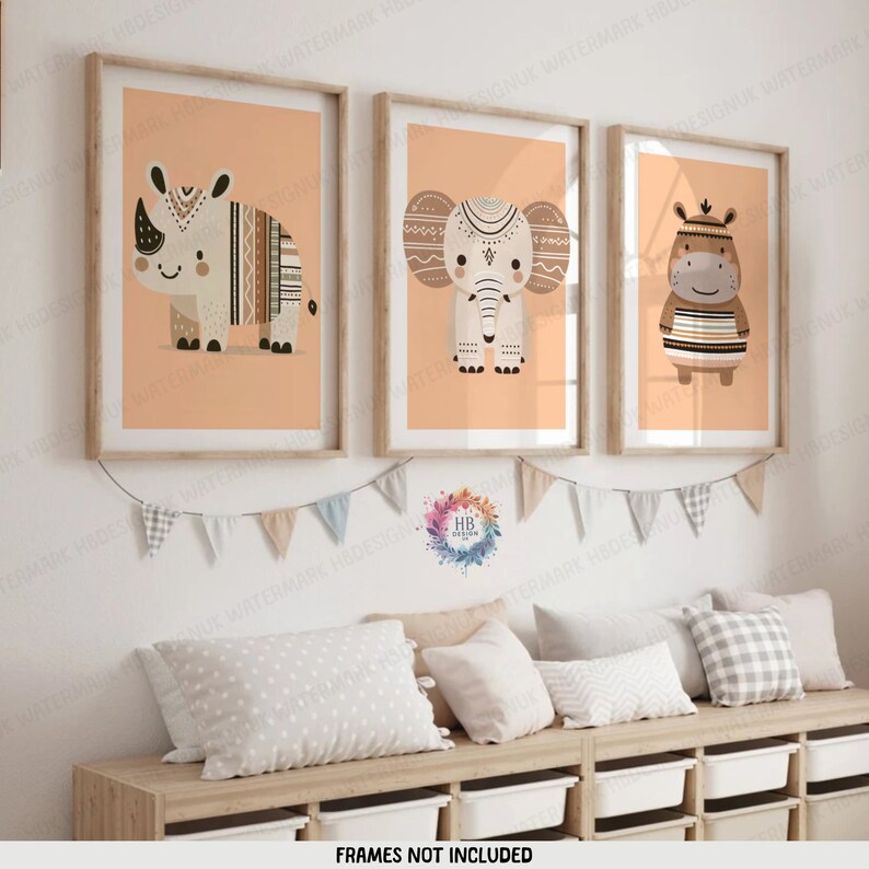 Boho Safari Nursery Prints Set of 3 Posters Kids Playroom Wall Print ...