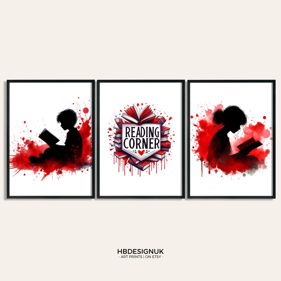 Red Reading Print Set - Set of 3 Posters | Watercolor Bookworm Painting ...