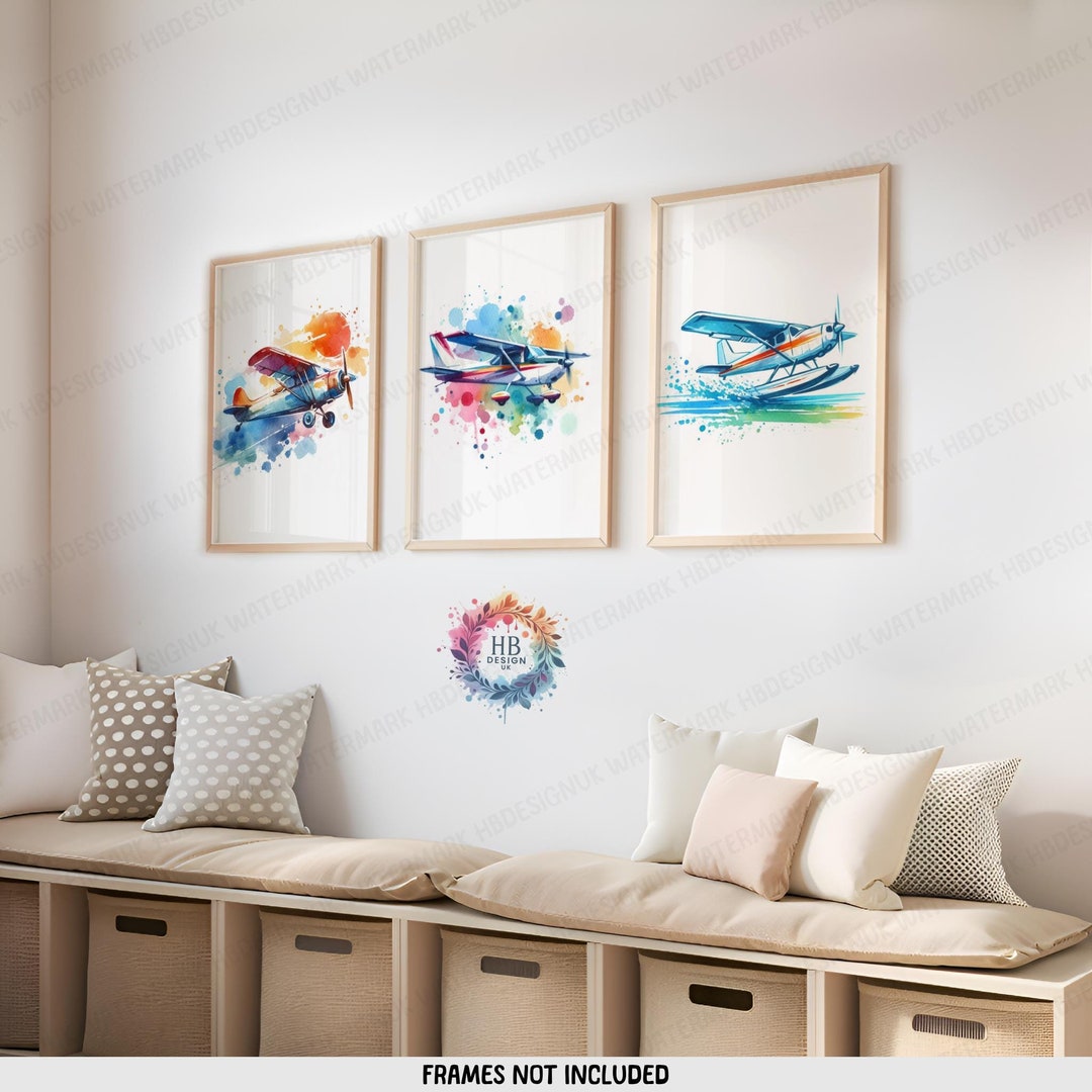Colourful Airplane Print Set - 3 Posters | Plane Wall Art | Boys Girls ...
