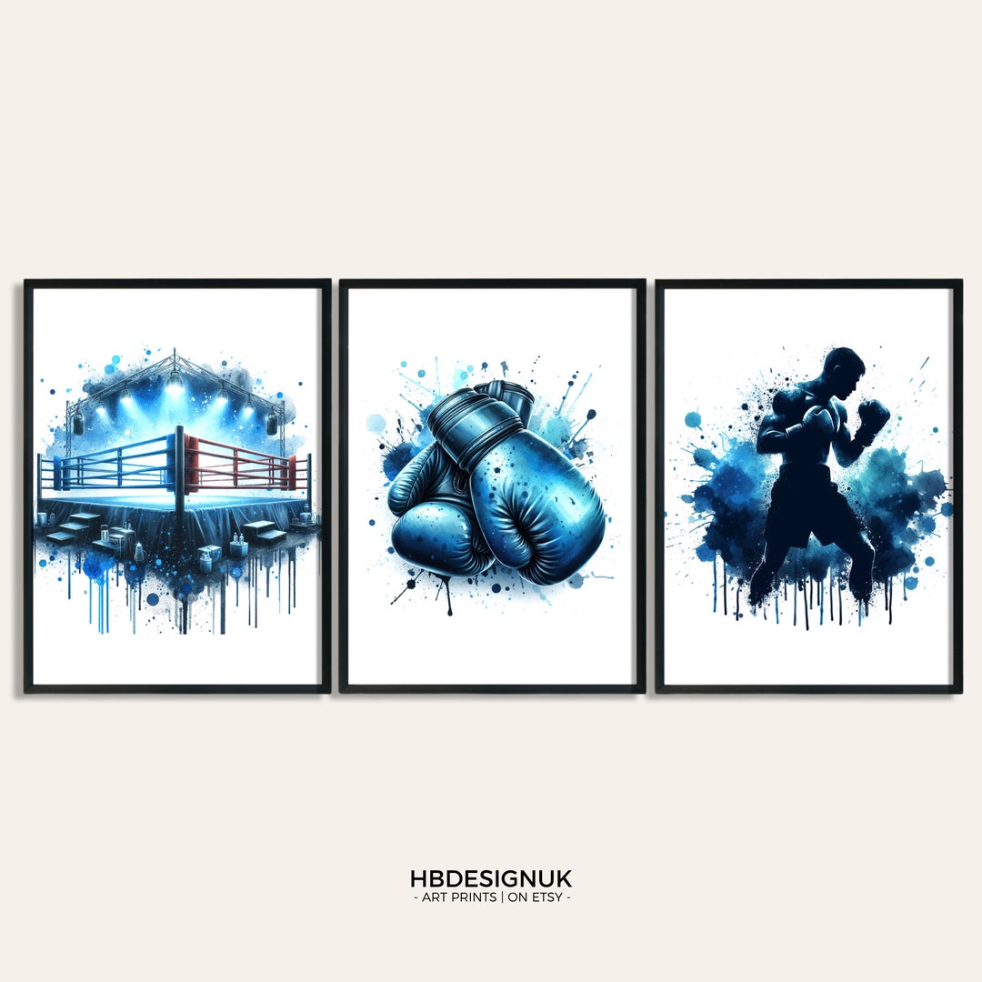 Boxing Wall Art Prints - Set of 3 Boxer Posters | Blue Watercolour ...