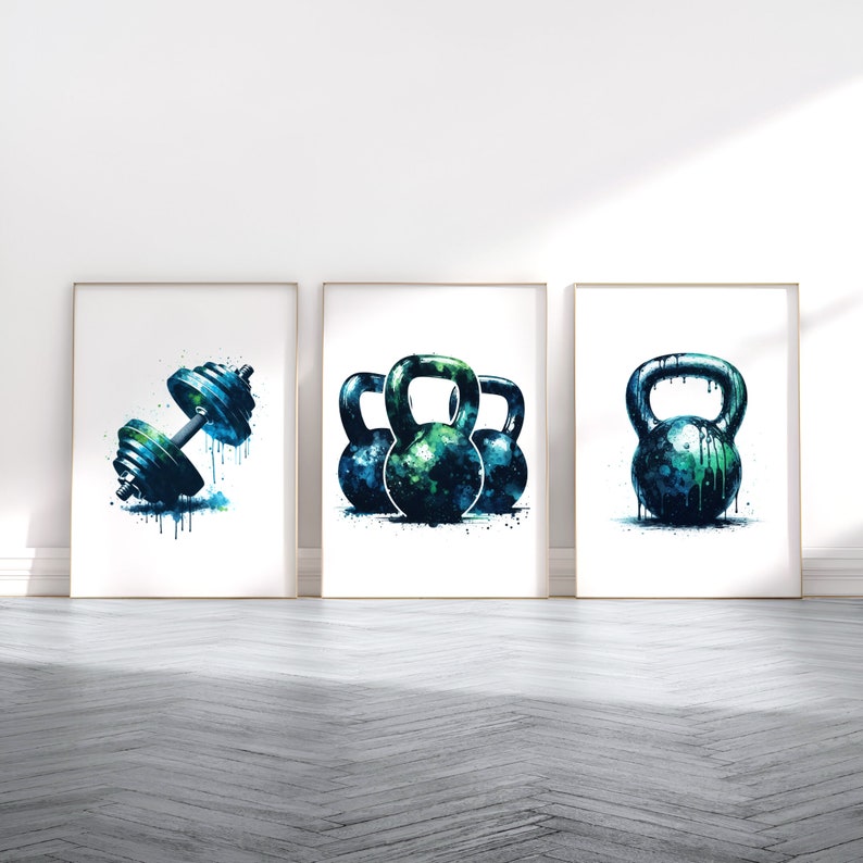 Gymnasium Print Set 3 Gym Prints Watercolour Design Dumbbell Poster ...