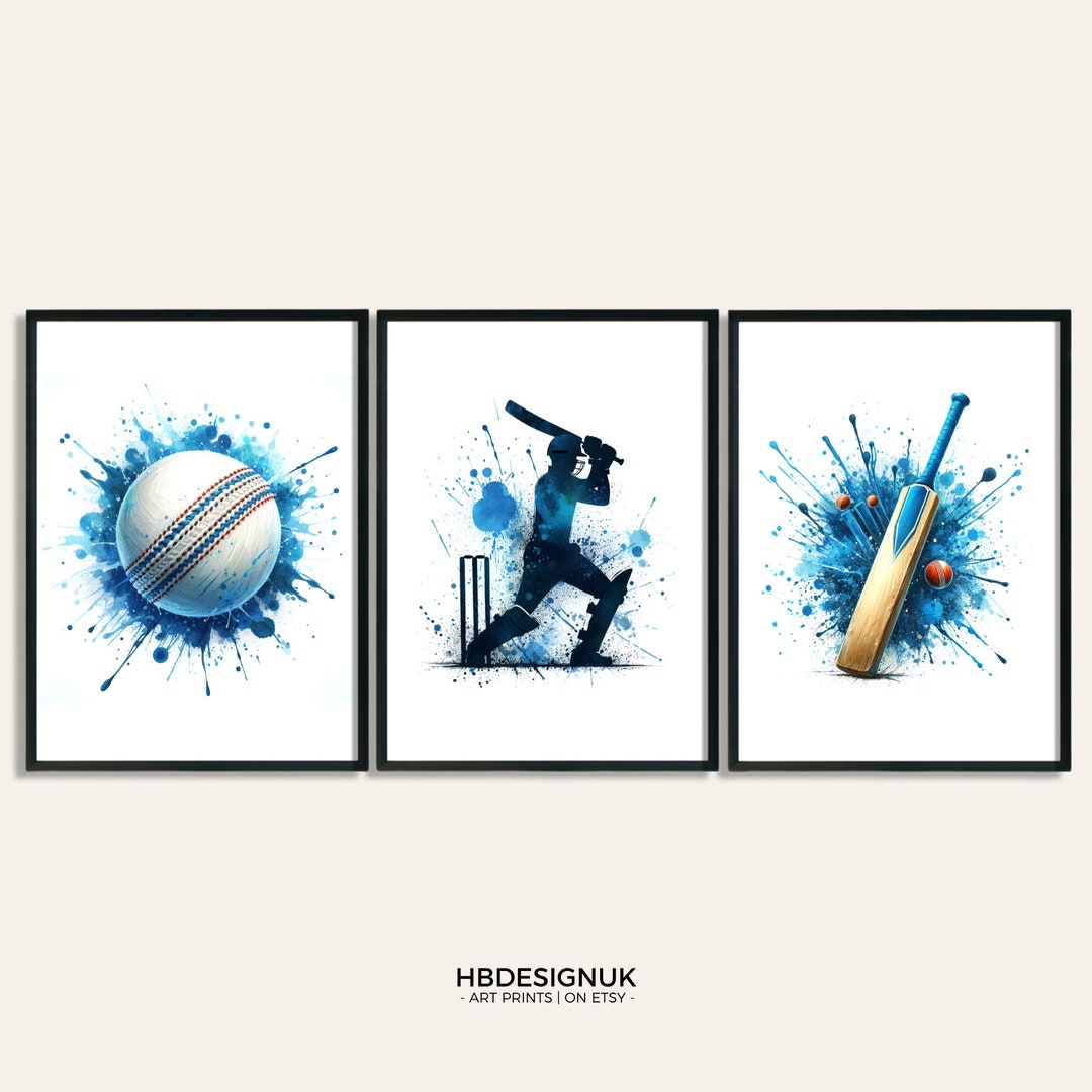 Blue Cricket Print Set - 3 Cricket Posters | Blue Watercolour Cricket ...
