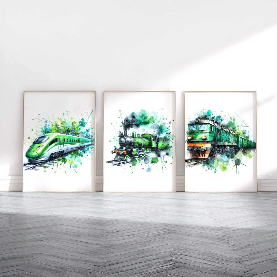 Green Train Poster Set - 3 Watercolour Prints | Boys Bedroom Artwork ...