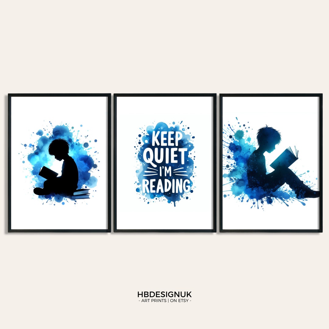 Blue Reading Poster Set - Set of 3 Prints | Watercolor Bookworm ...