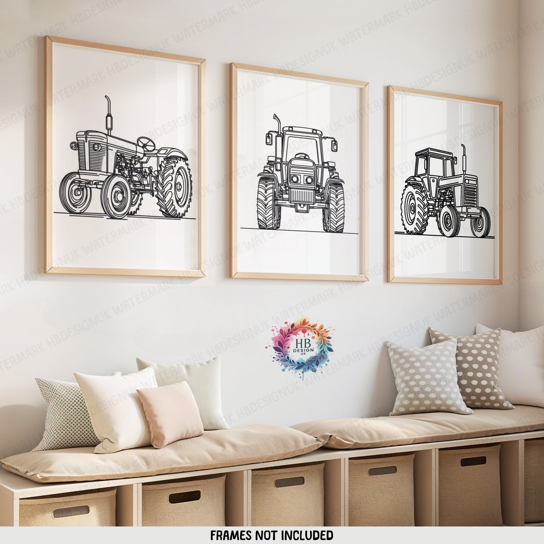 Minimalist Tractor Print Set - 3 Line Drawing Posters | Boys Bedroom ...