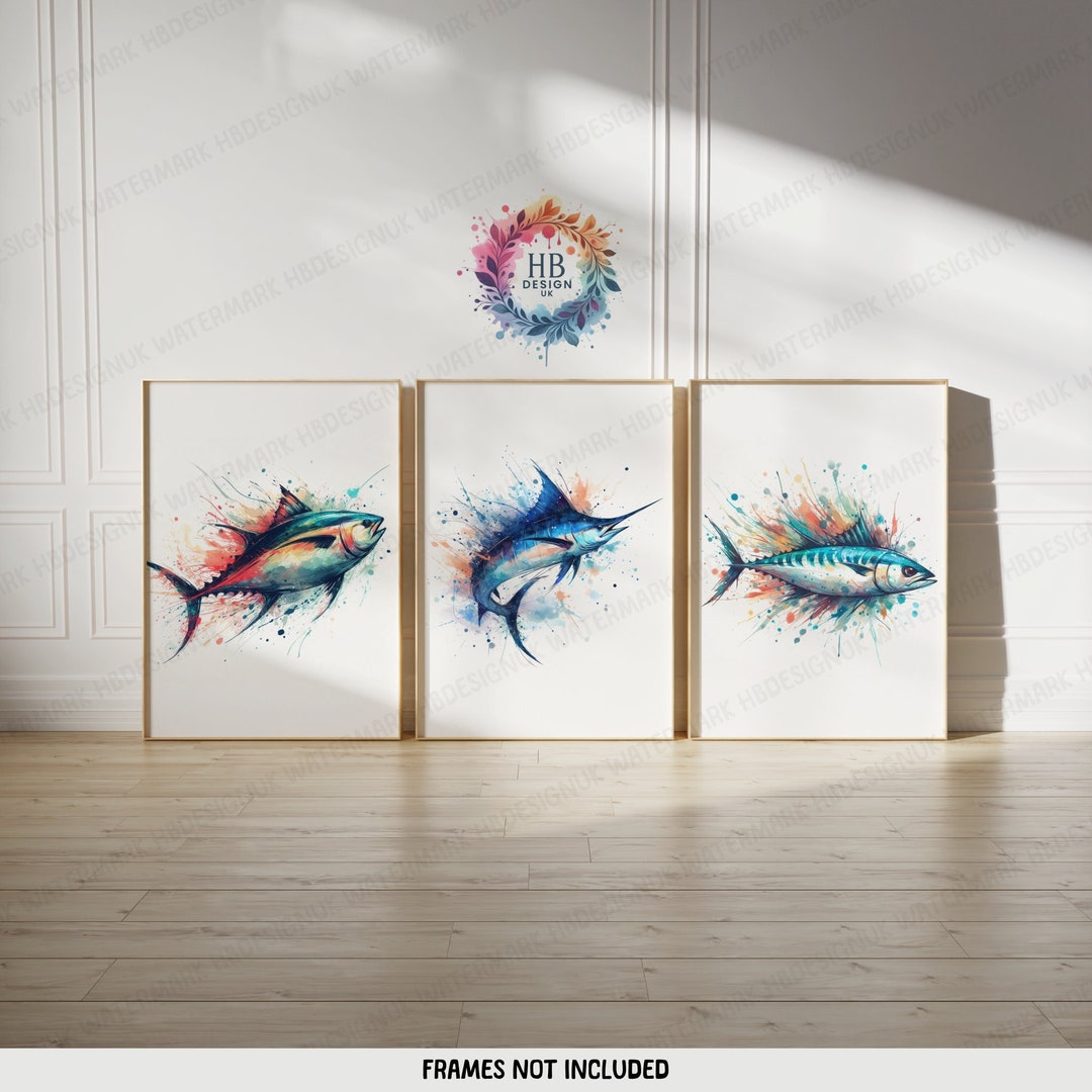 Sea Fishing Wall Art - Set of 3 Fish Prints | Fishing Gifts for Men ...