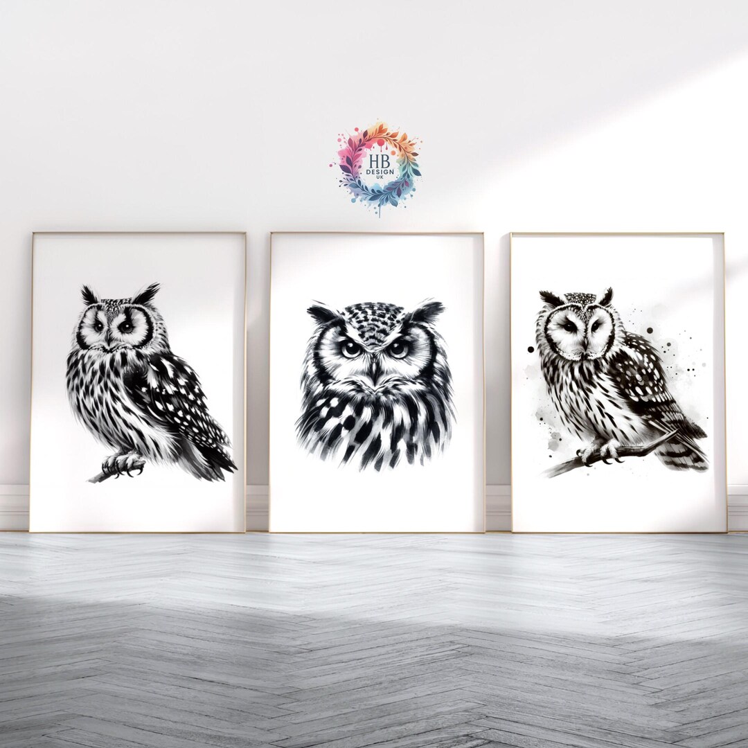 Owl Wall Art Set - Owls Print | Black and White Bird Pictures | Animal ...