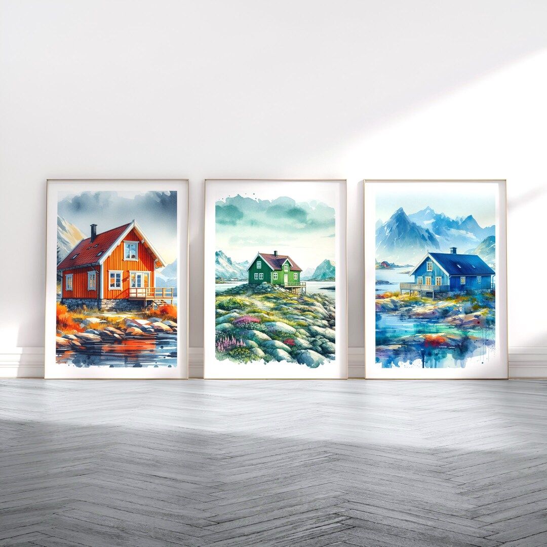 Scandinavian Cabin Poster Set - 3 Watercolour Prints | Scandi Wall Art ...