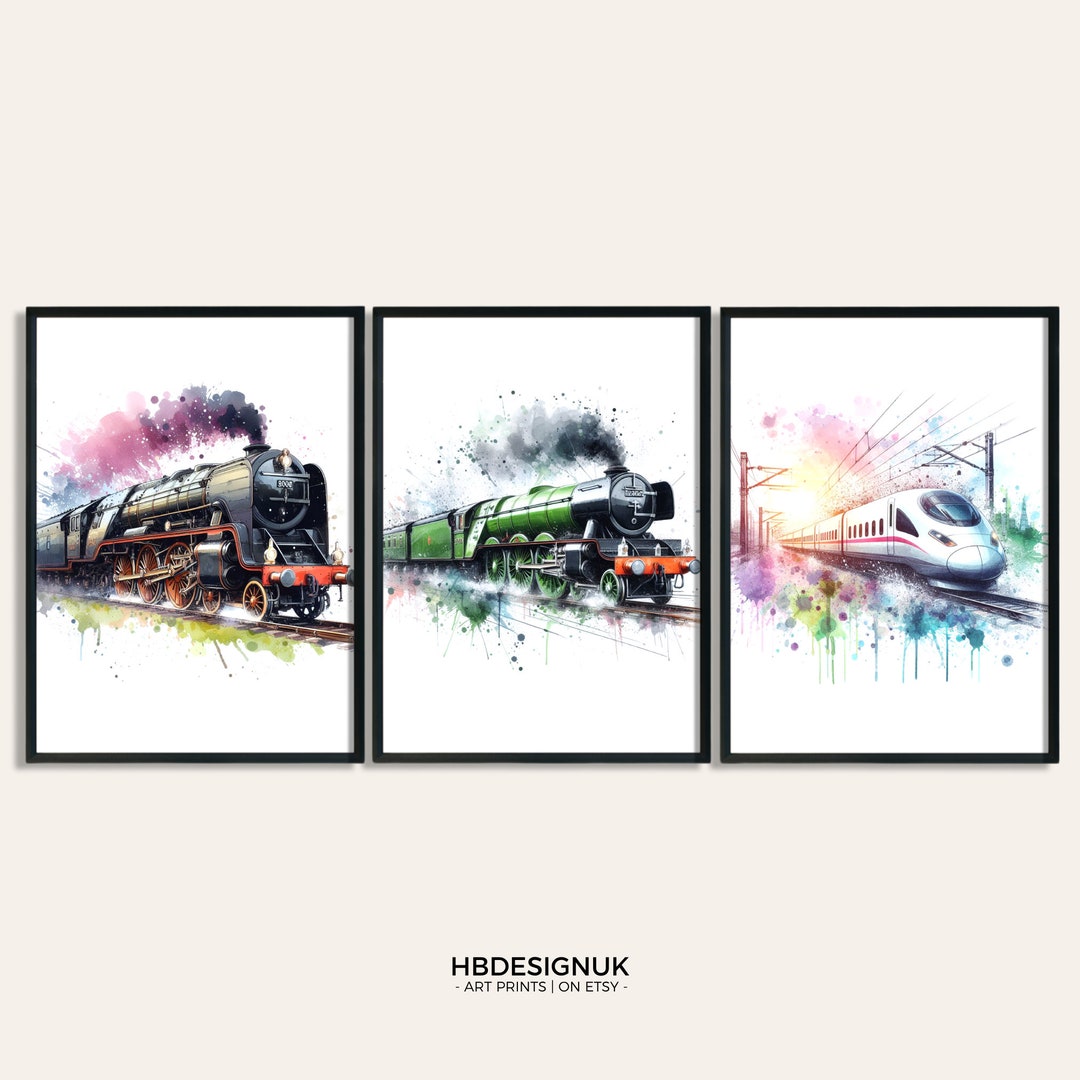 Train Print Set - 3 Watercolour Posters | Boys Bedroom Artwork ...