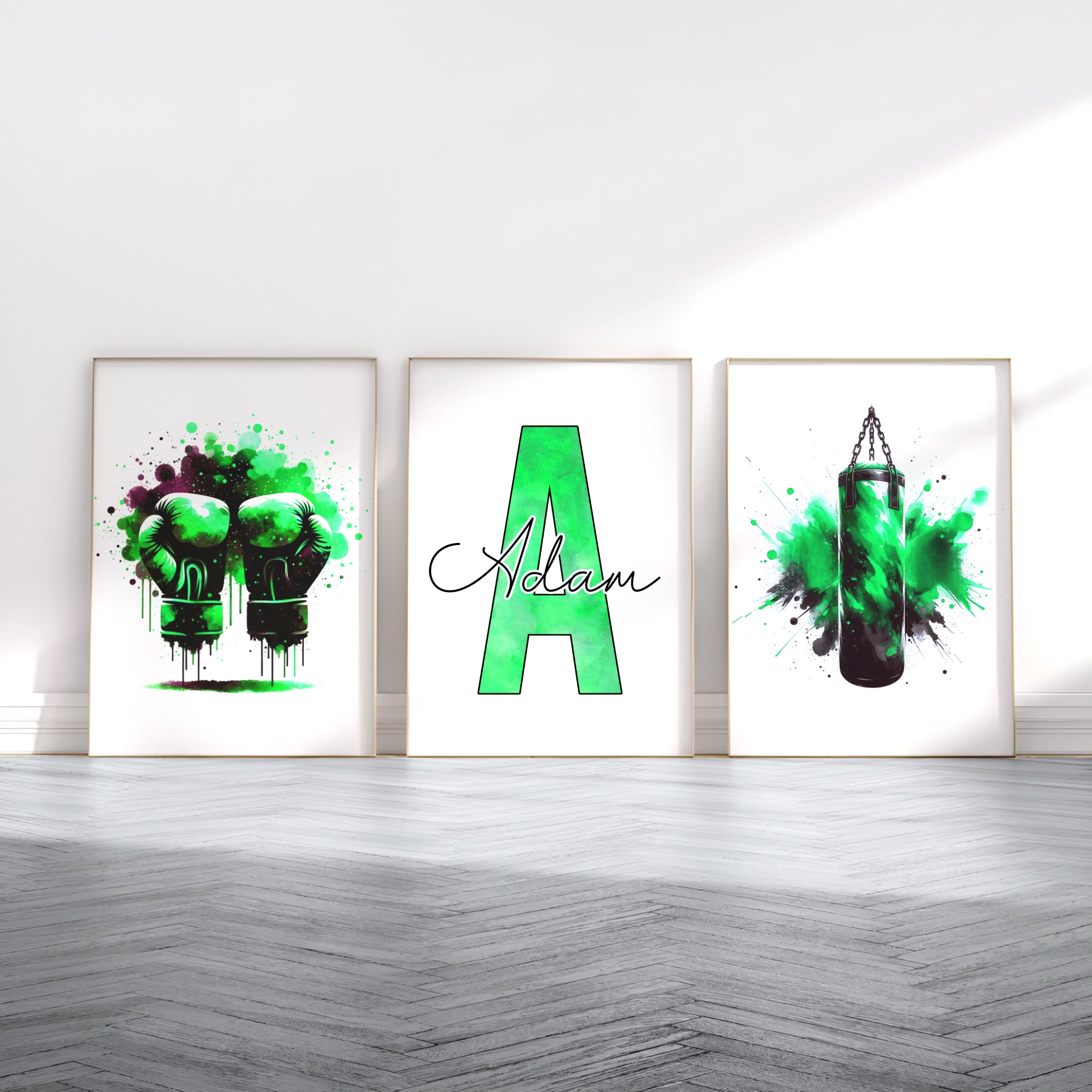 Custom Boxing Decor Set of 3 Green Prints Boys Girls Bedroom Wall Art ...