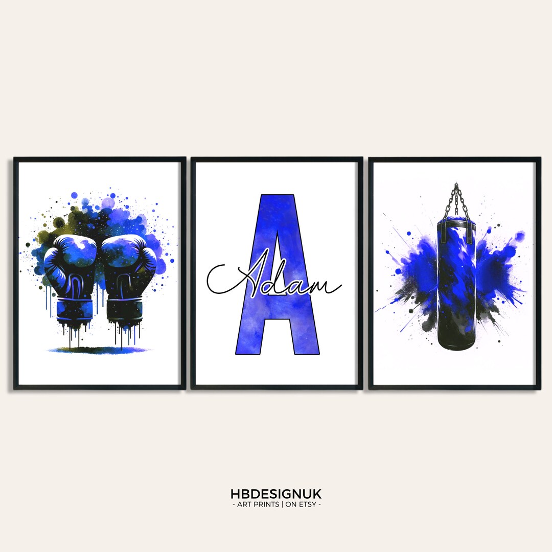 Custom Boxing Wall Art - Set of 3 Dark Blue Prints | Boys Girls Bedroom ...