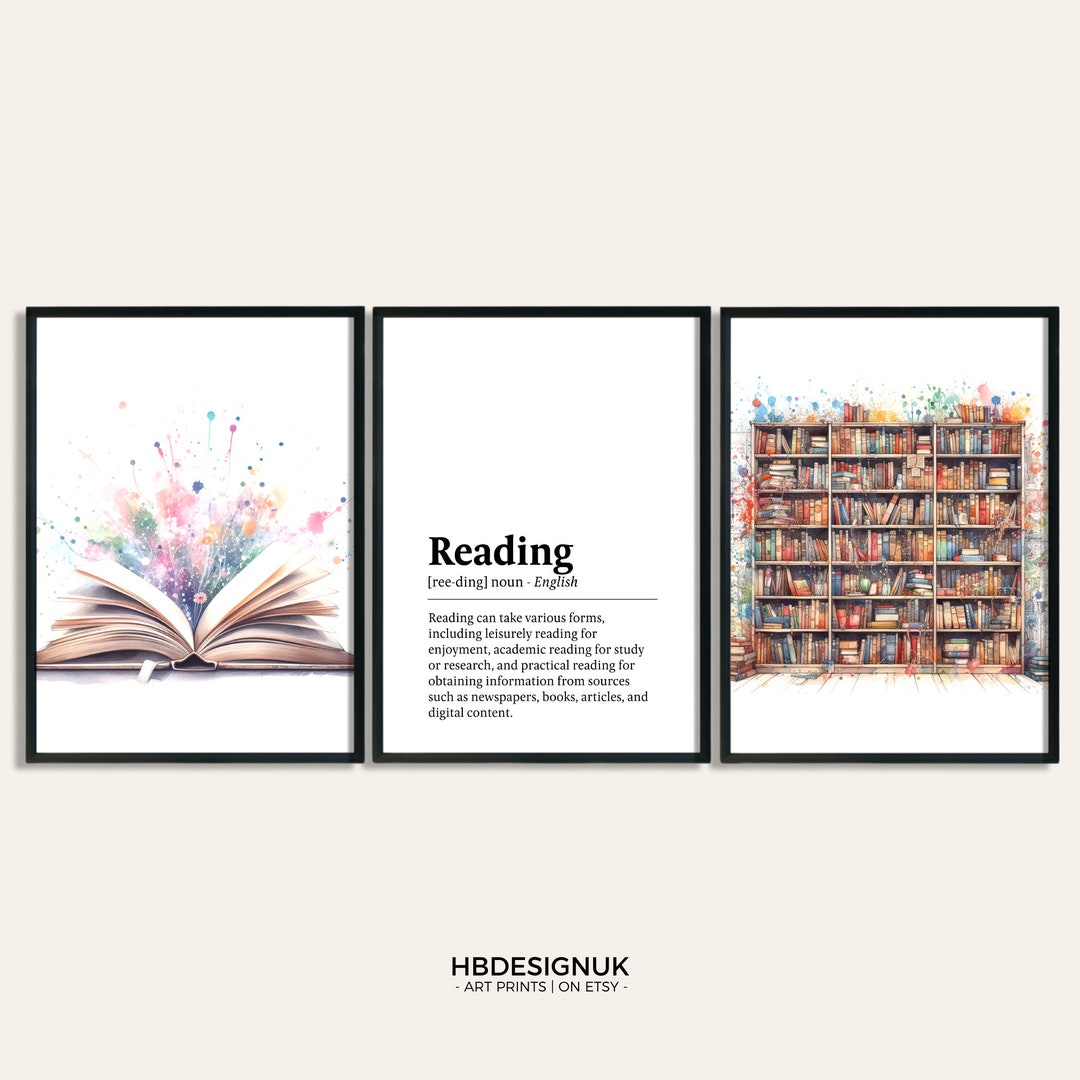 Reading Poster Set - Set of 3 Prints | Watercolor Bookworm Painting ...