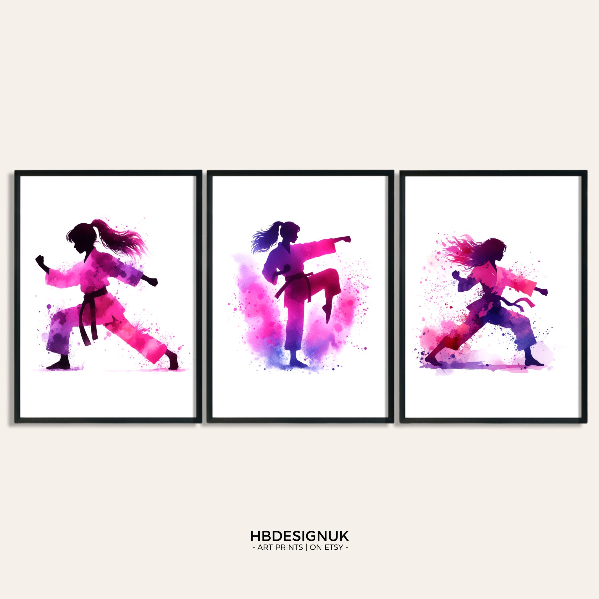 Karate Print Pink Poster Set of 3 Karate Posters Watercolour Art Prints ...
