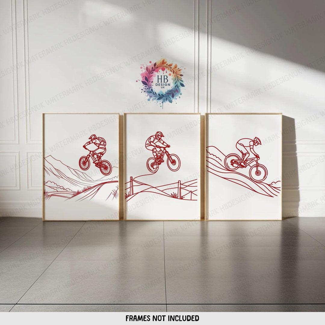 Red Mountain Bike Prints - Set of 3 Posters | Biker Wall Art | Line ...