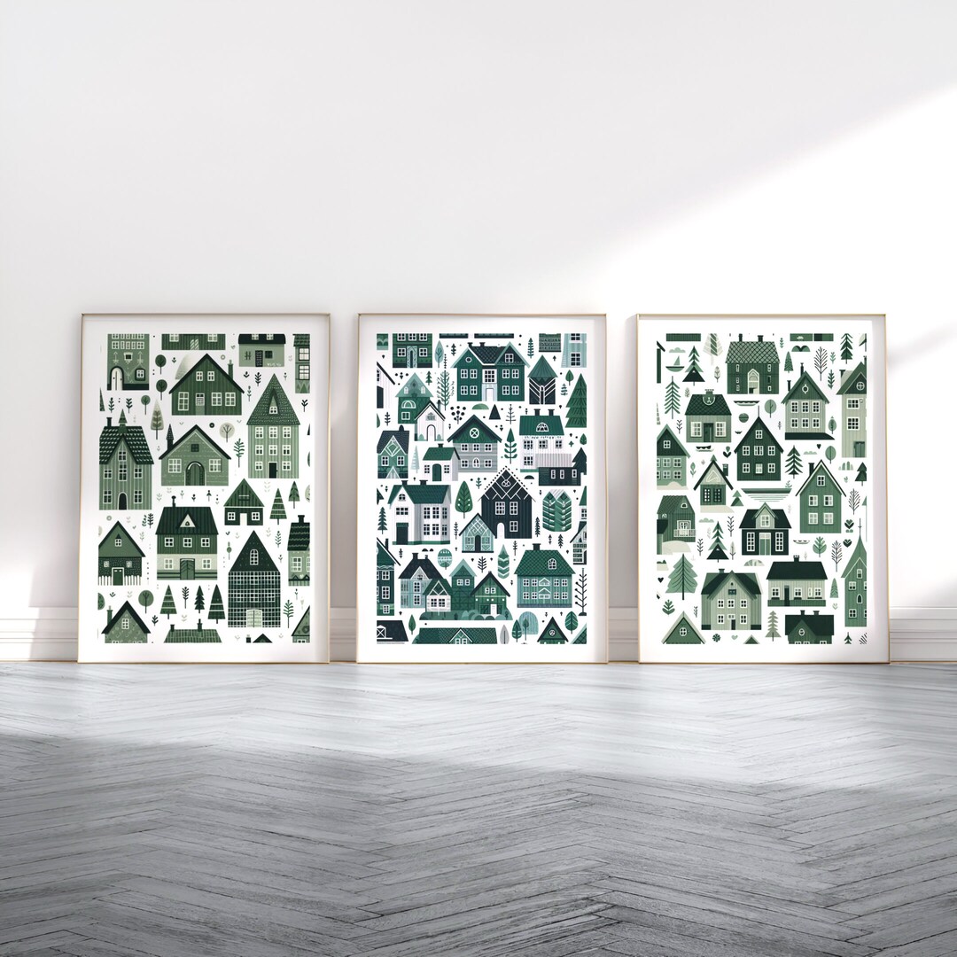 Scandi Houses Wall Decor Set - 3 Scandinavian Style Artwork | Retro Art ...