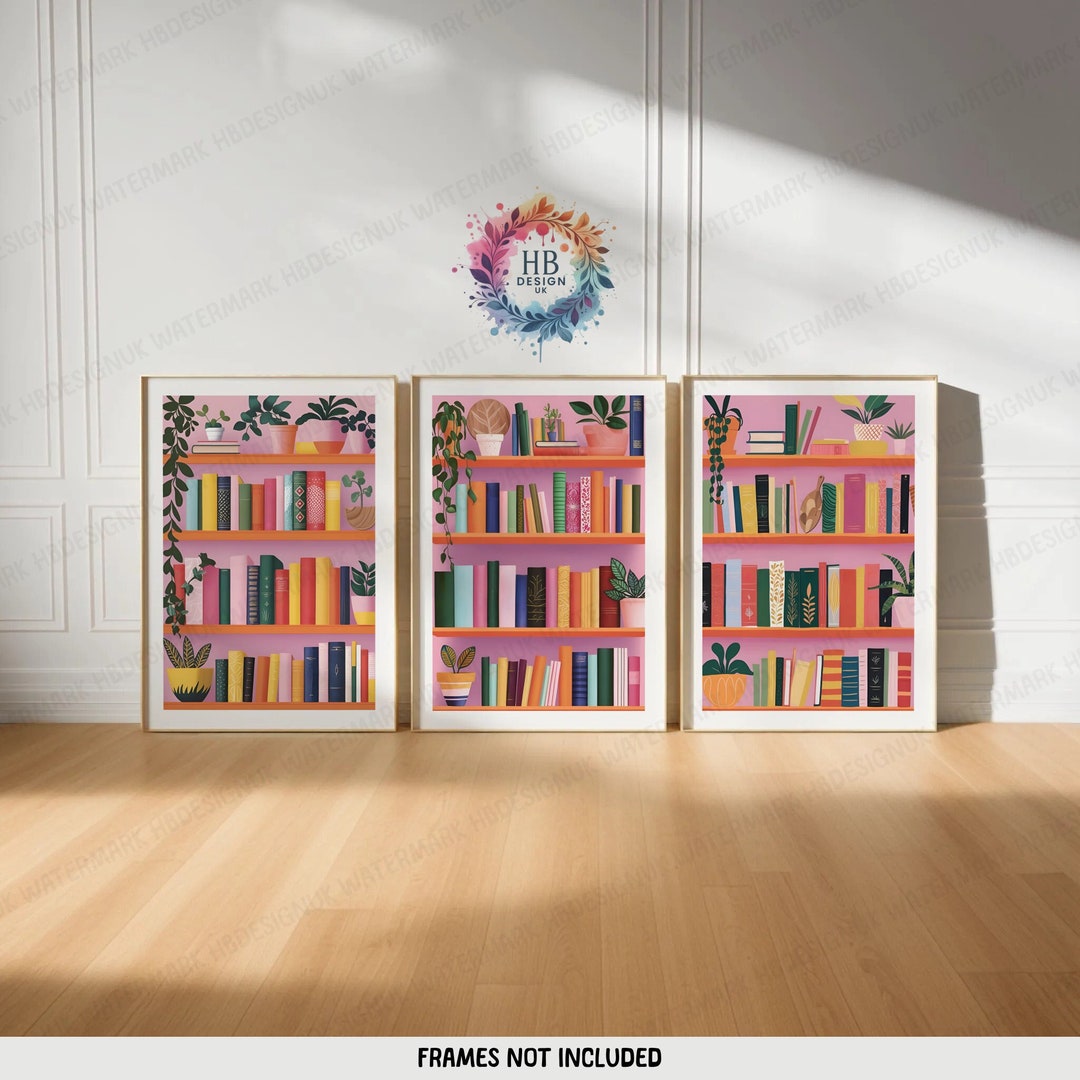 Modern Library Prints - Set of 3 | Book Shelf Poster | Vintage Library ...