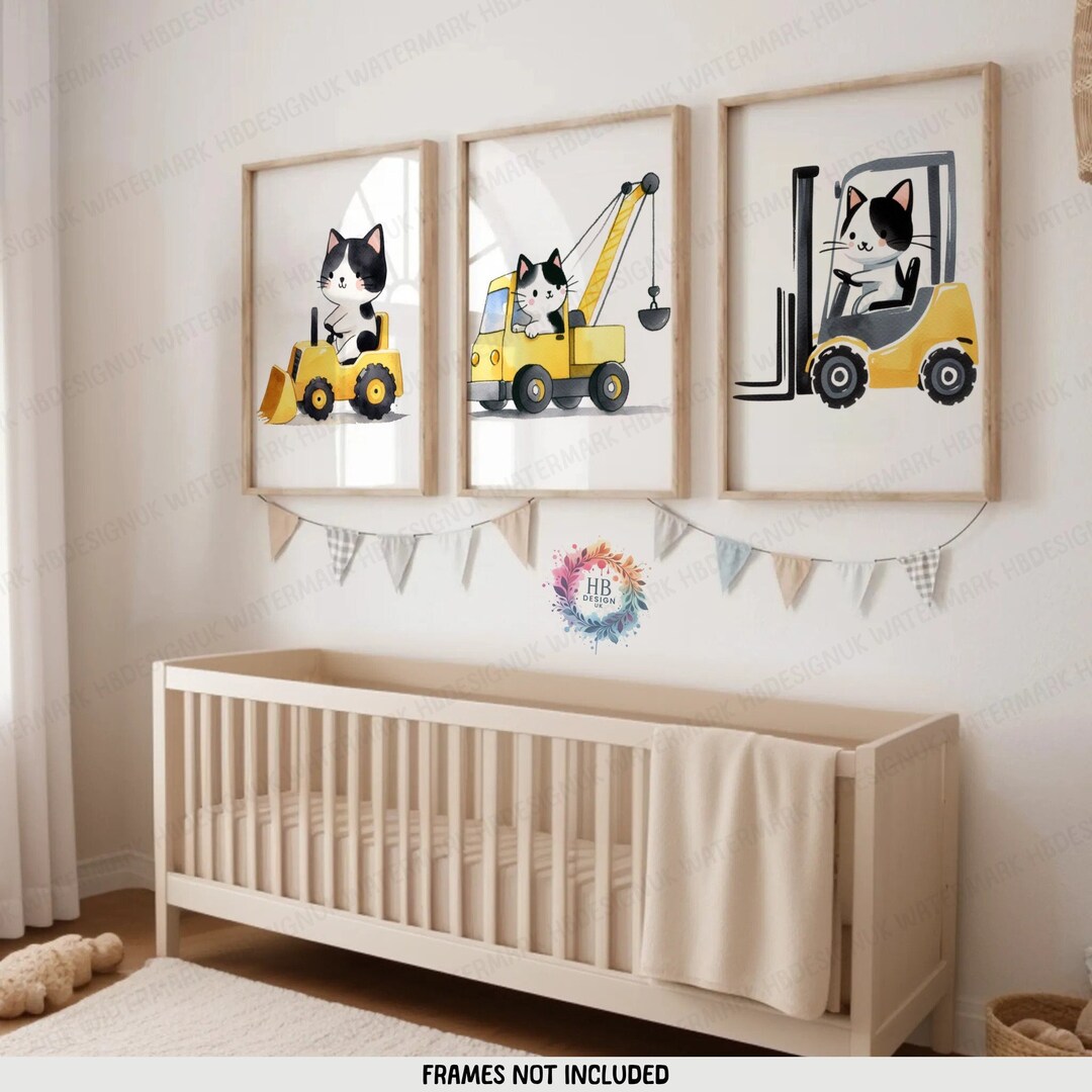 Tuxedo Cat Construction Posters - Set of 3 Kids Prints | Digger Wall ...