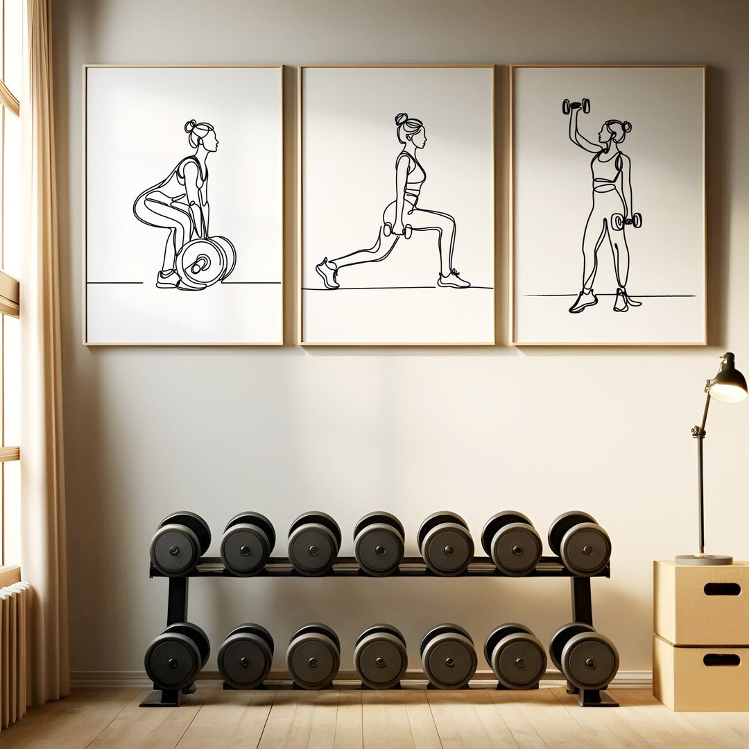 Home Gym Print Set - 3 Gym Prints | Line Drawing Design | Fitness Girl ...