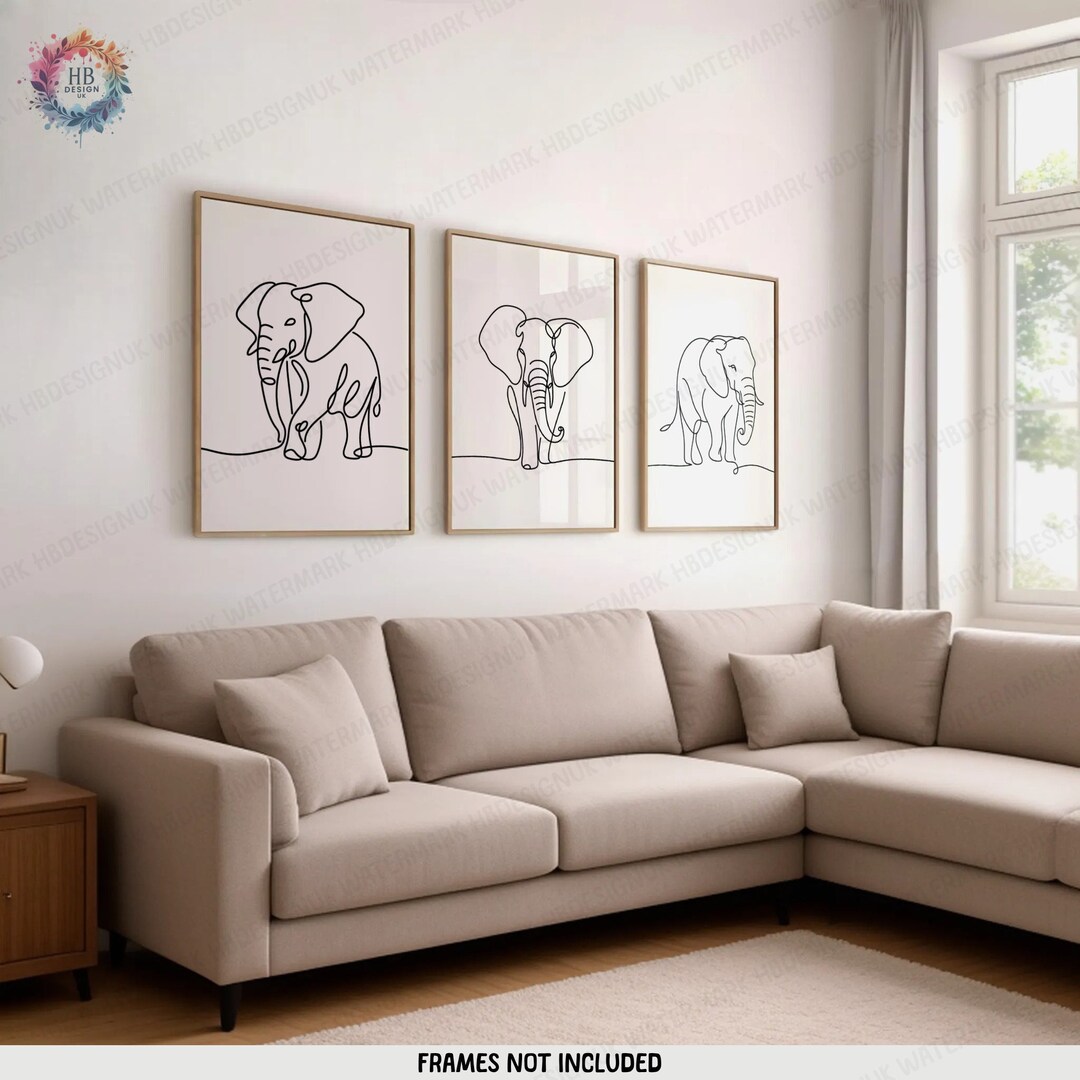Minimalist Elephant Prints - Set of 3 Posters | Line Drawing Decor ...