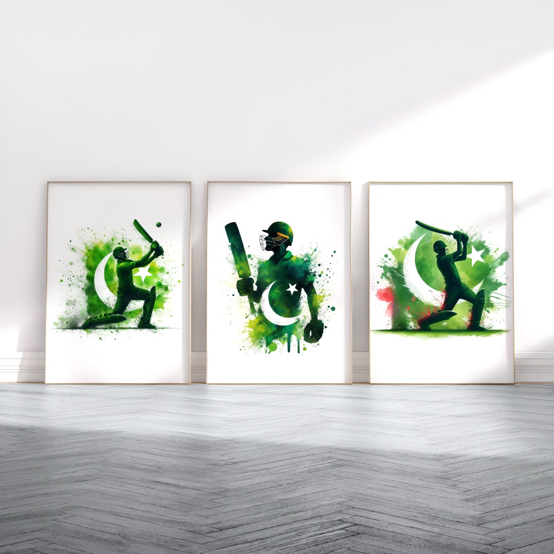 Cricket Poster Set - Pakistan Flag Watercolour Cricket Poster Prints ...