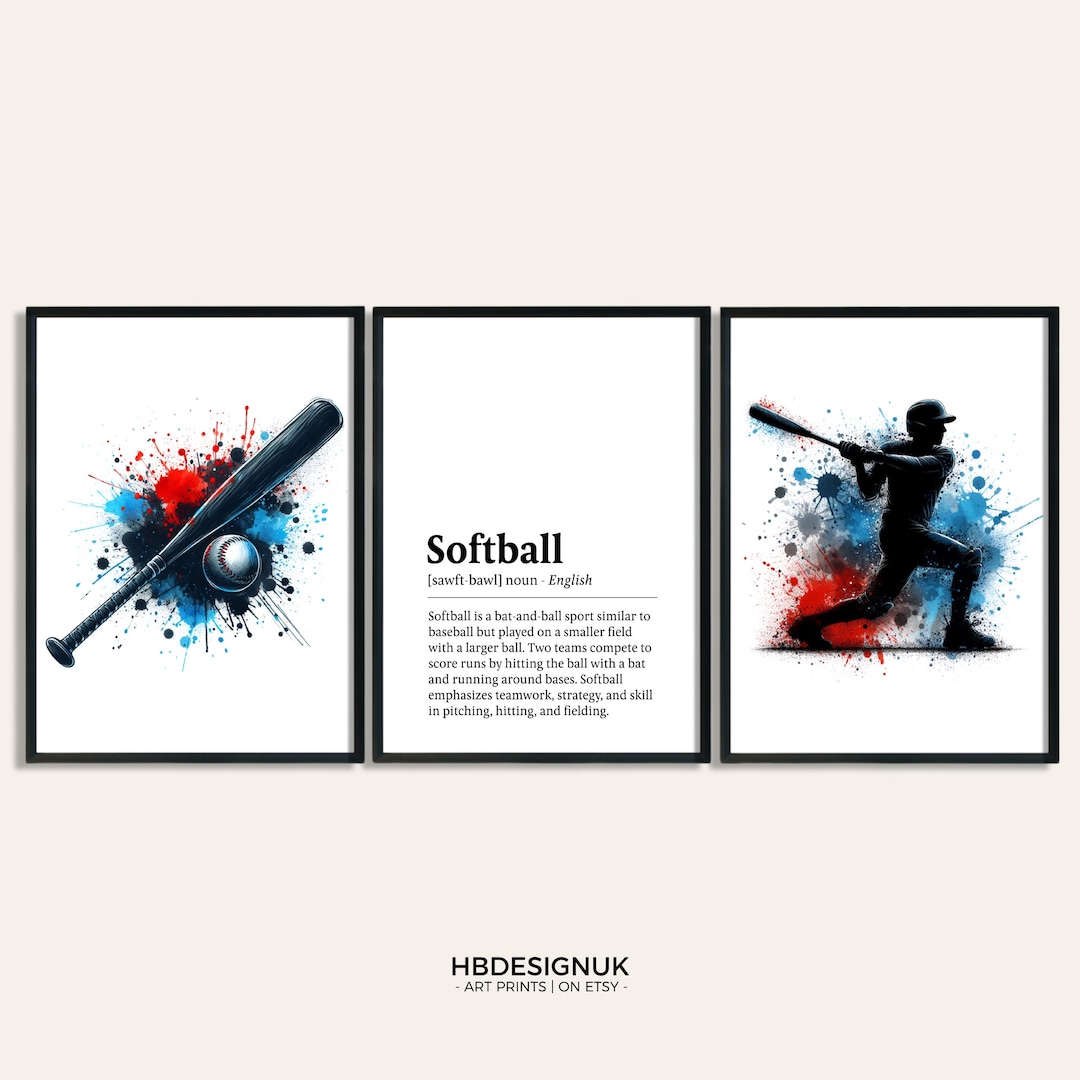 Softball Definition Poster Set - Set of 3 Softball Prints | Watercolour ...