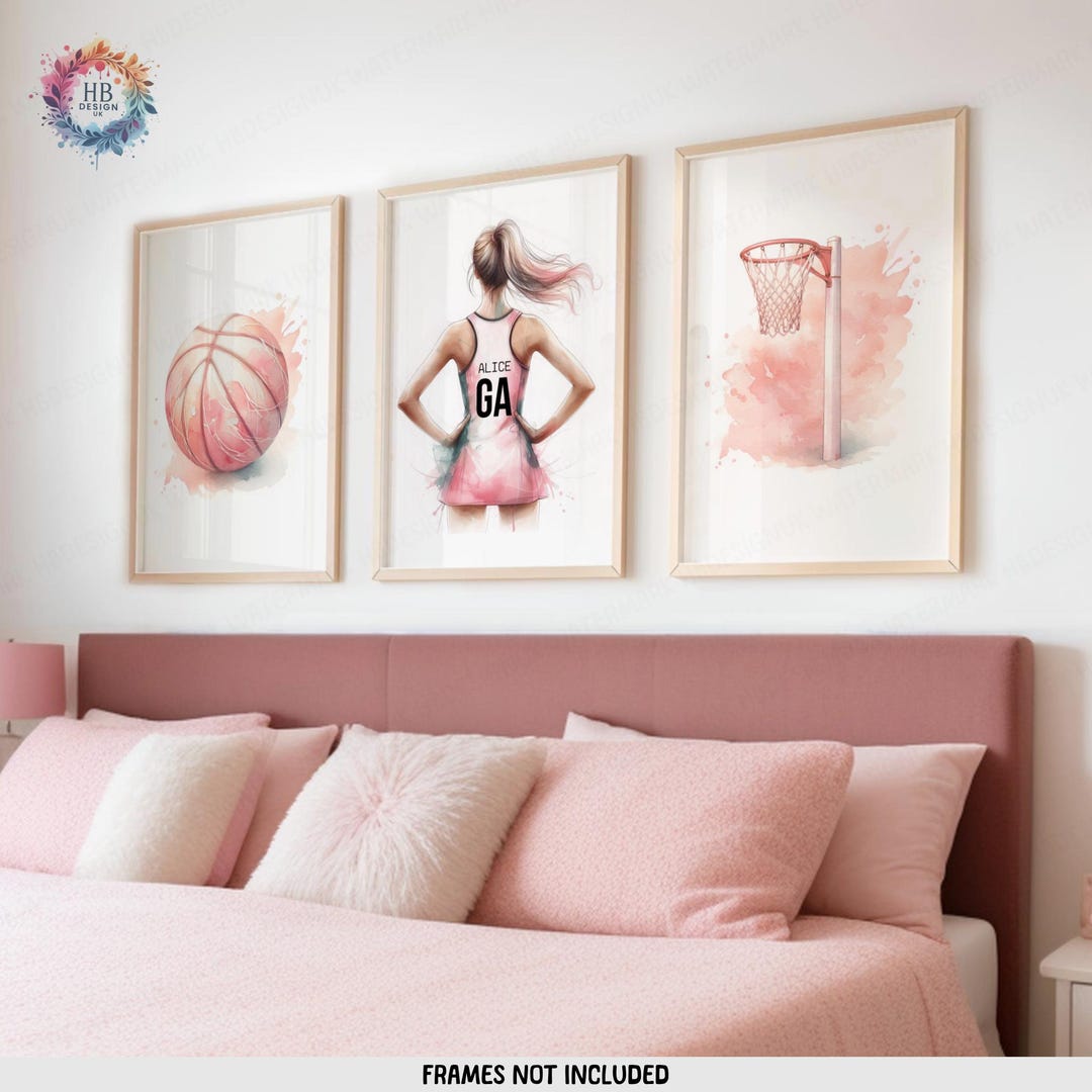 Pink Girls Netball Print Set - 3 Personalised Netballer Prints | Custom ...