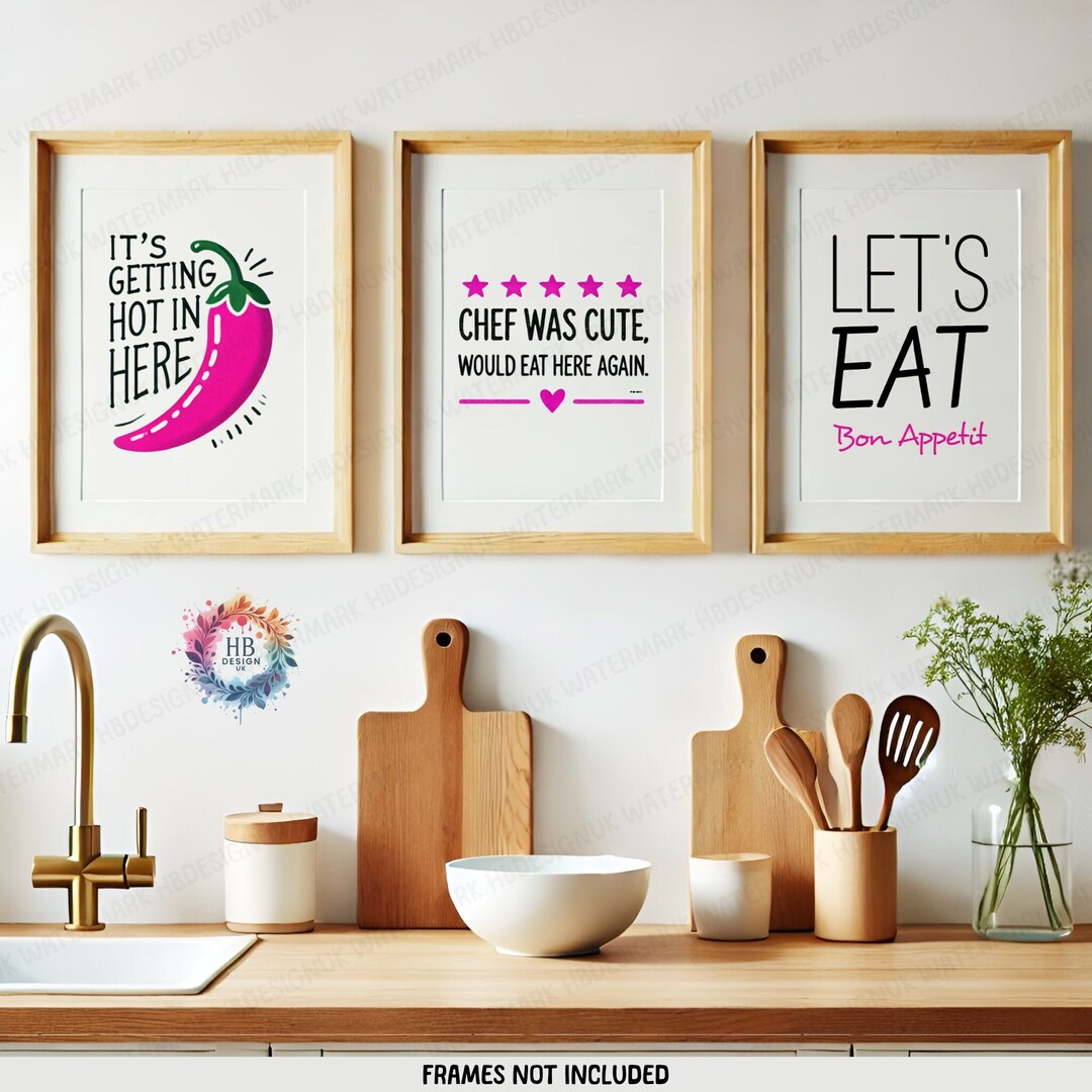 Pink Kitchen Prints - Set of 3 Wall Art | Let's Eat, Chef Was Cute ...
