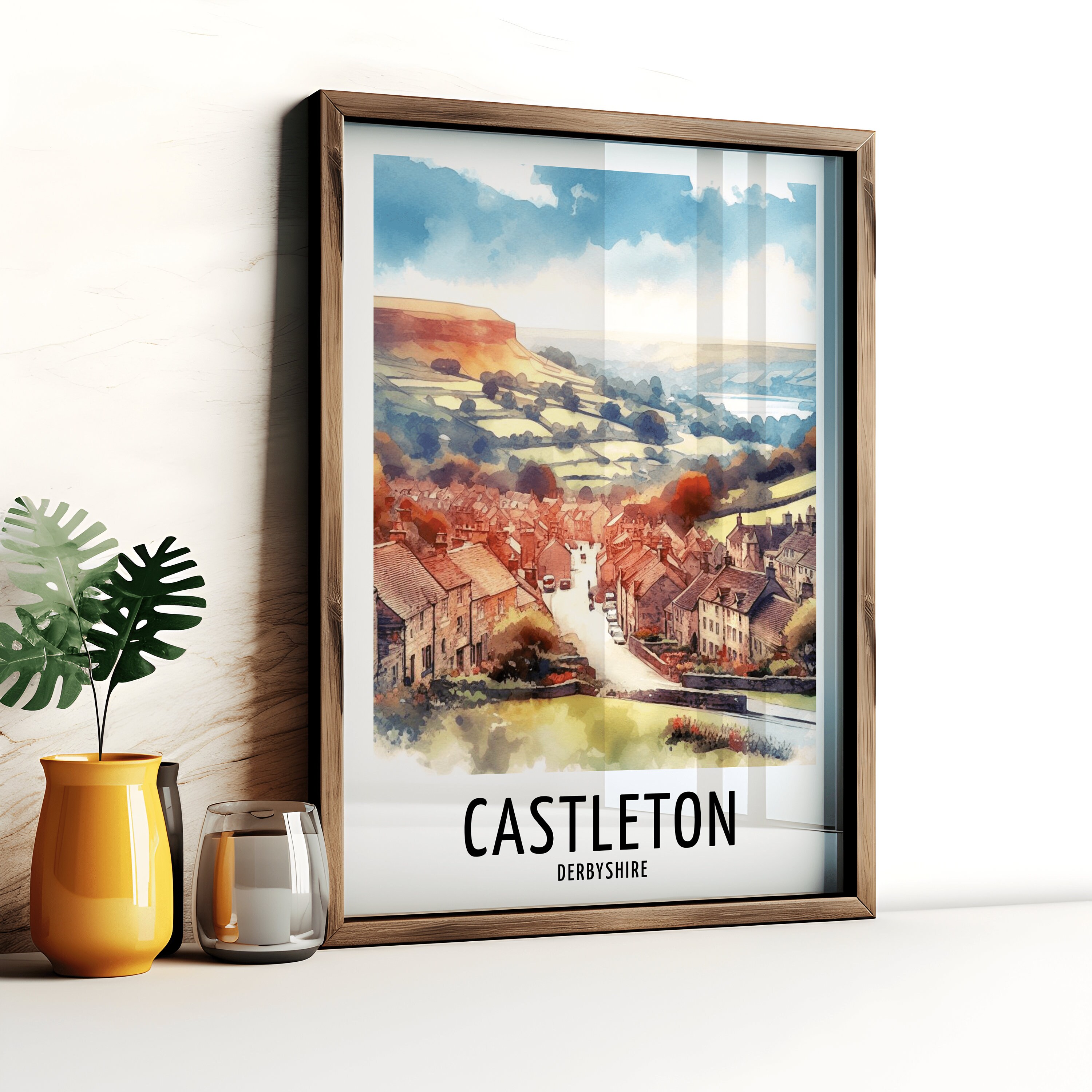 Castleton Travel Print Watercolour Poster Design Wall Artwork Peak ...