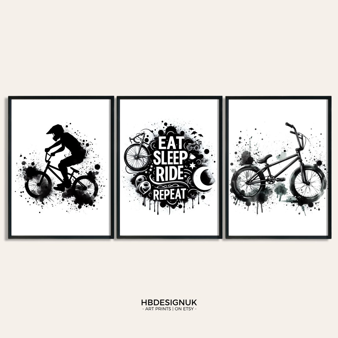 BMX Print Poster - Set of 3 Black Prints | BMX Posters Bedroom Decor ...