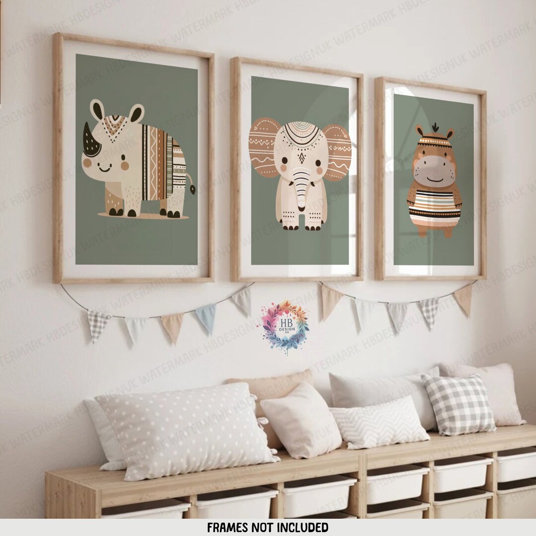 Boho Safari Nursery Wall Art - Set of 3 Posters | Kids Playroom Prints ...